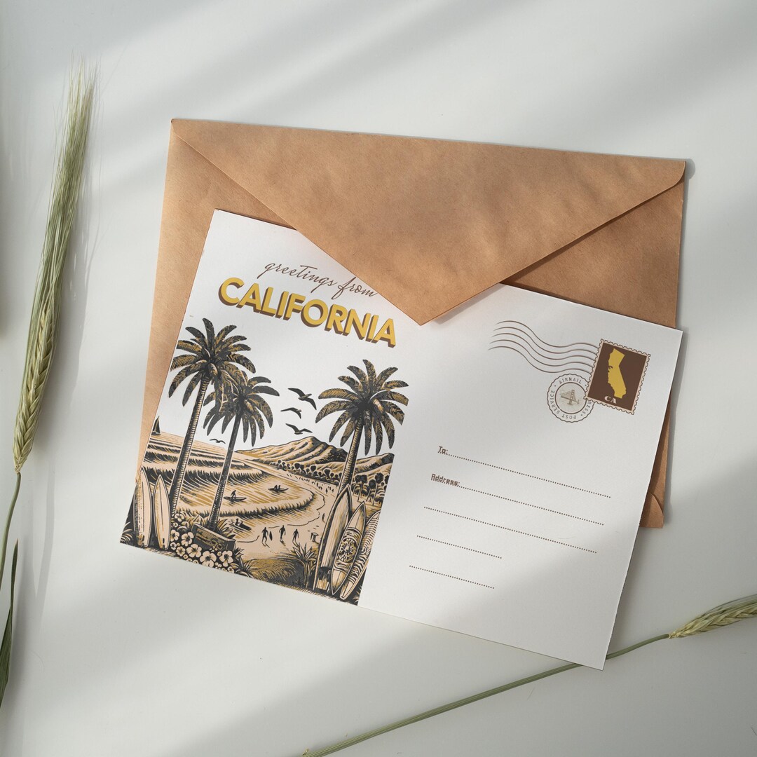 California Postcard Digital Download - Retro Beach Wall Art With Palm ...