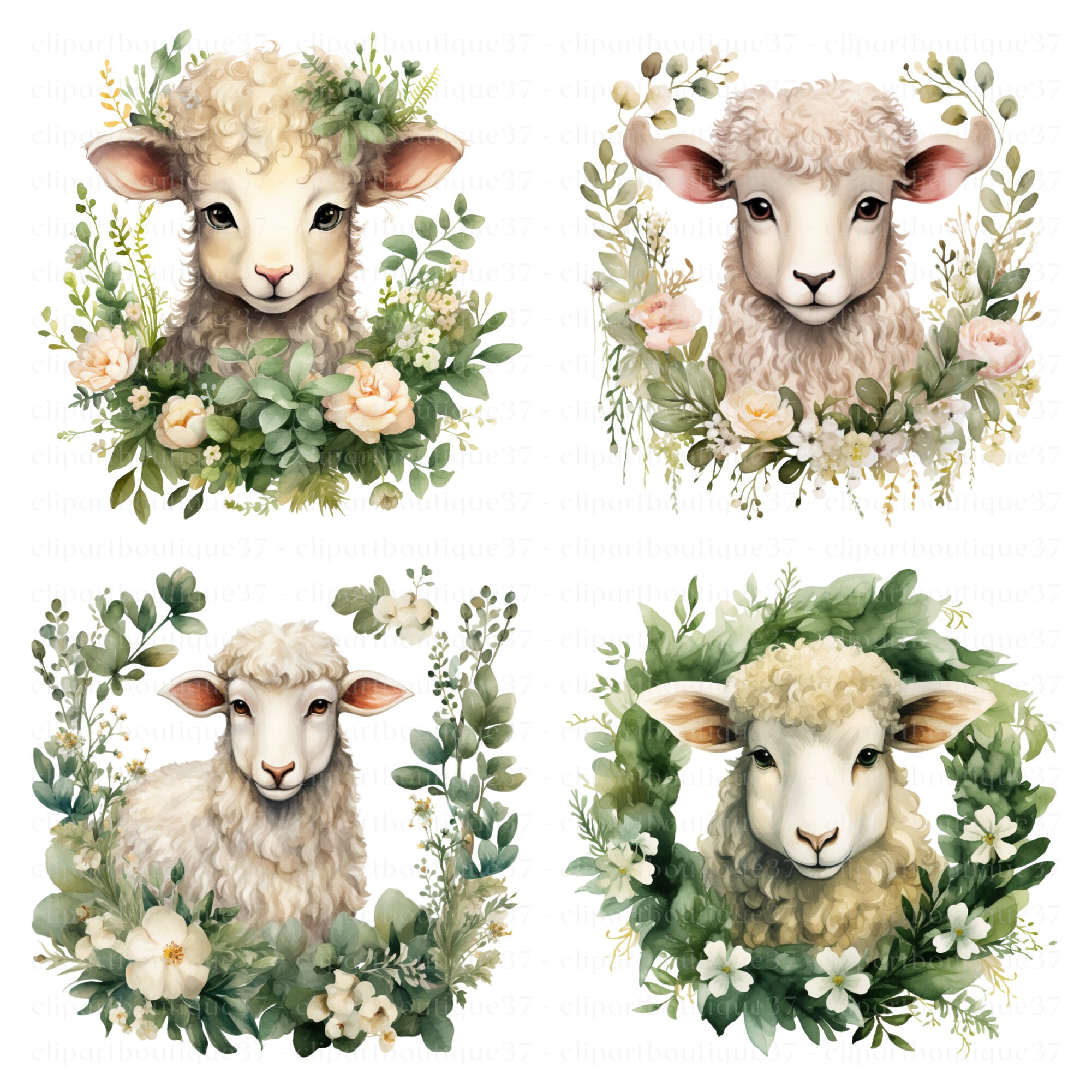 12 Floral Sheep Clipart, Floral Lamb Clipart, Printable Watercolor Clip ...