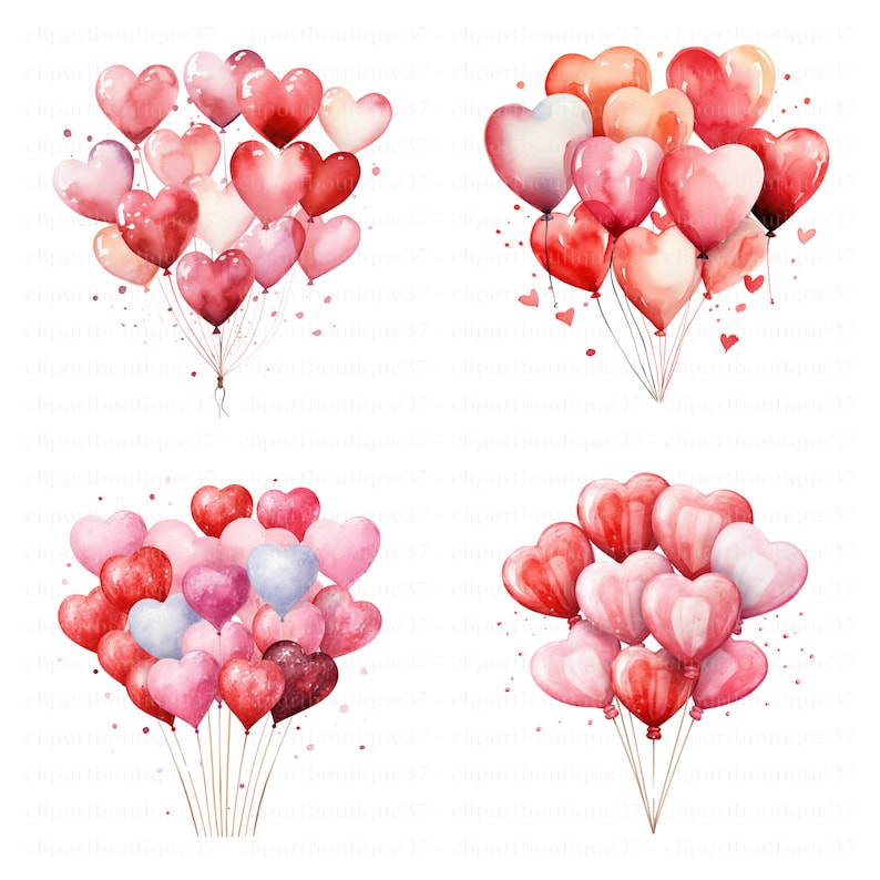 16 Heart Balloons Clipart, Love Balloons Clipart, Printable Watercolor ...