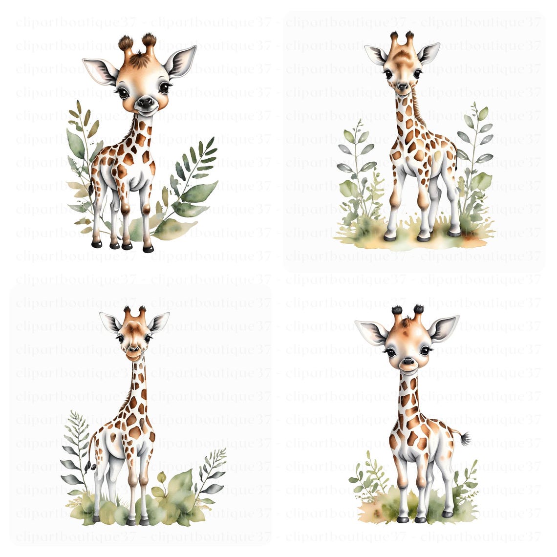 12 Cute Giraffe and Leaves Clipart, Baby Giraffe Illustrations, Digital ...