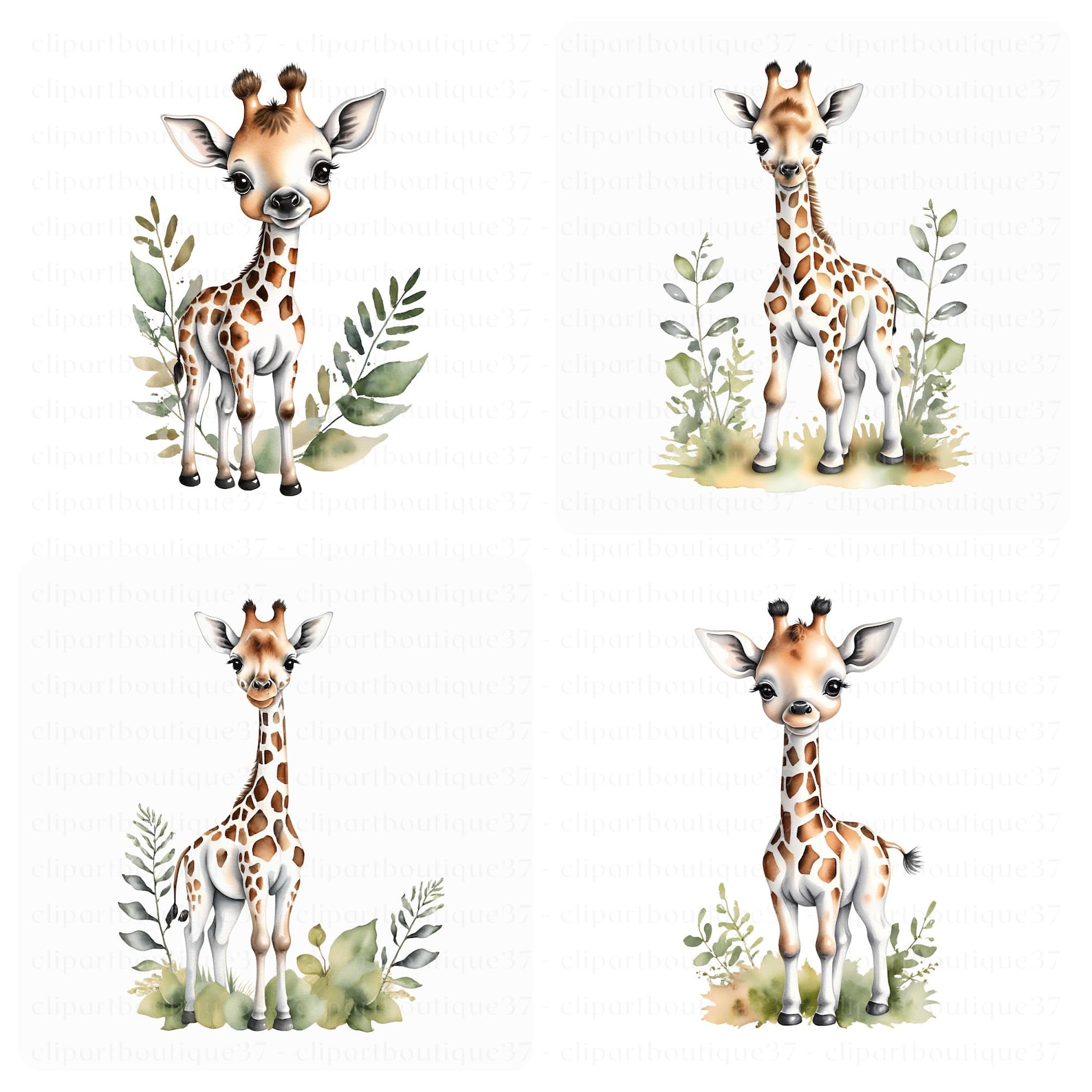 12 Cute Giraffe and Leaves Clipart, Baby Giraffe Illustrations, Digital ...