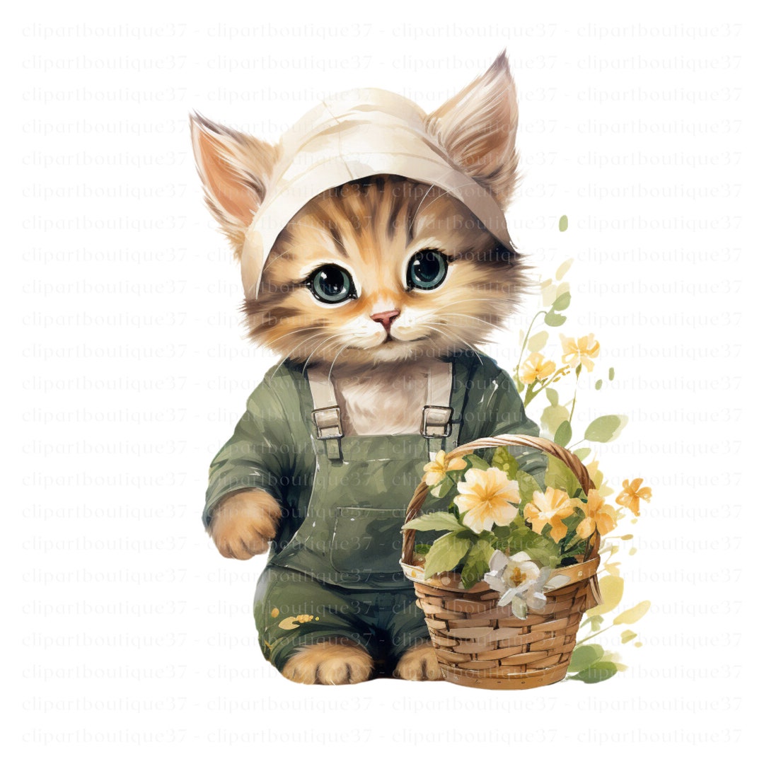 12 Cats With Flowers Clipart, Cat Painting Clipart, Cat Images, Kitten ...
