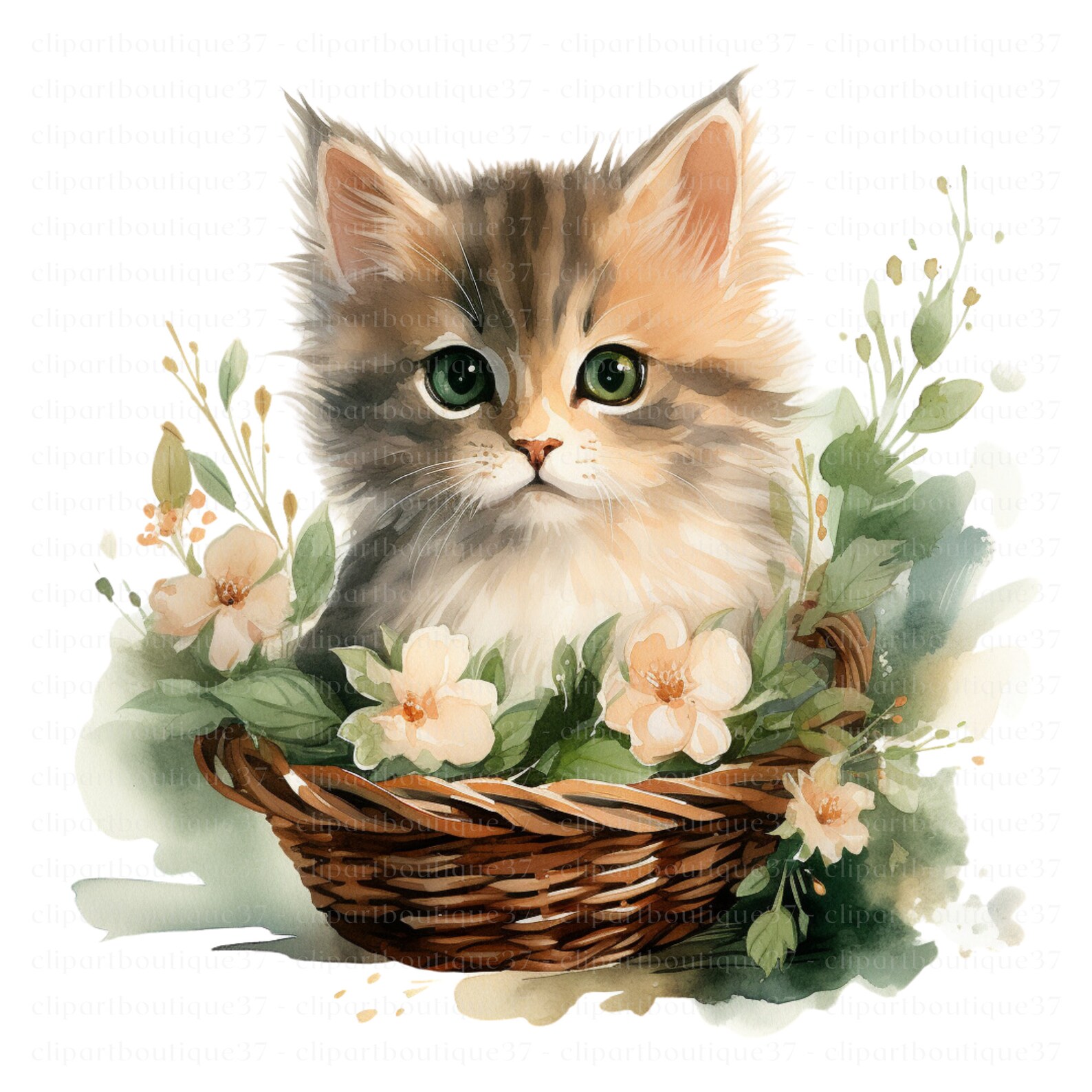12 Cats With Flowers Clipart, Cat Painting Clipart, Cat Images, Kitten ...