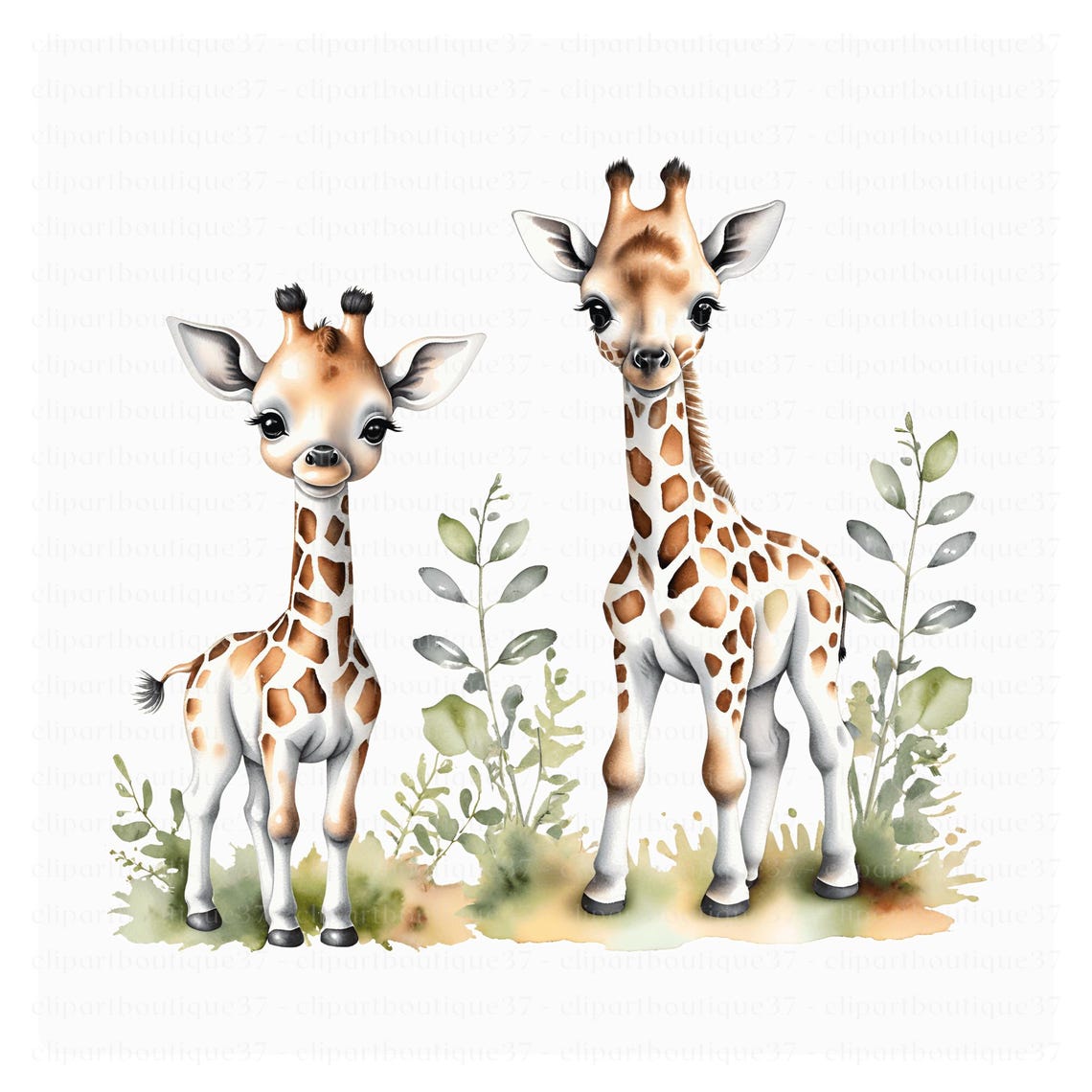 12 Cute Giraffe and Leaves Clipart, Baby Giraffe Illustrations, Digital ...