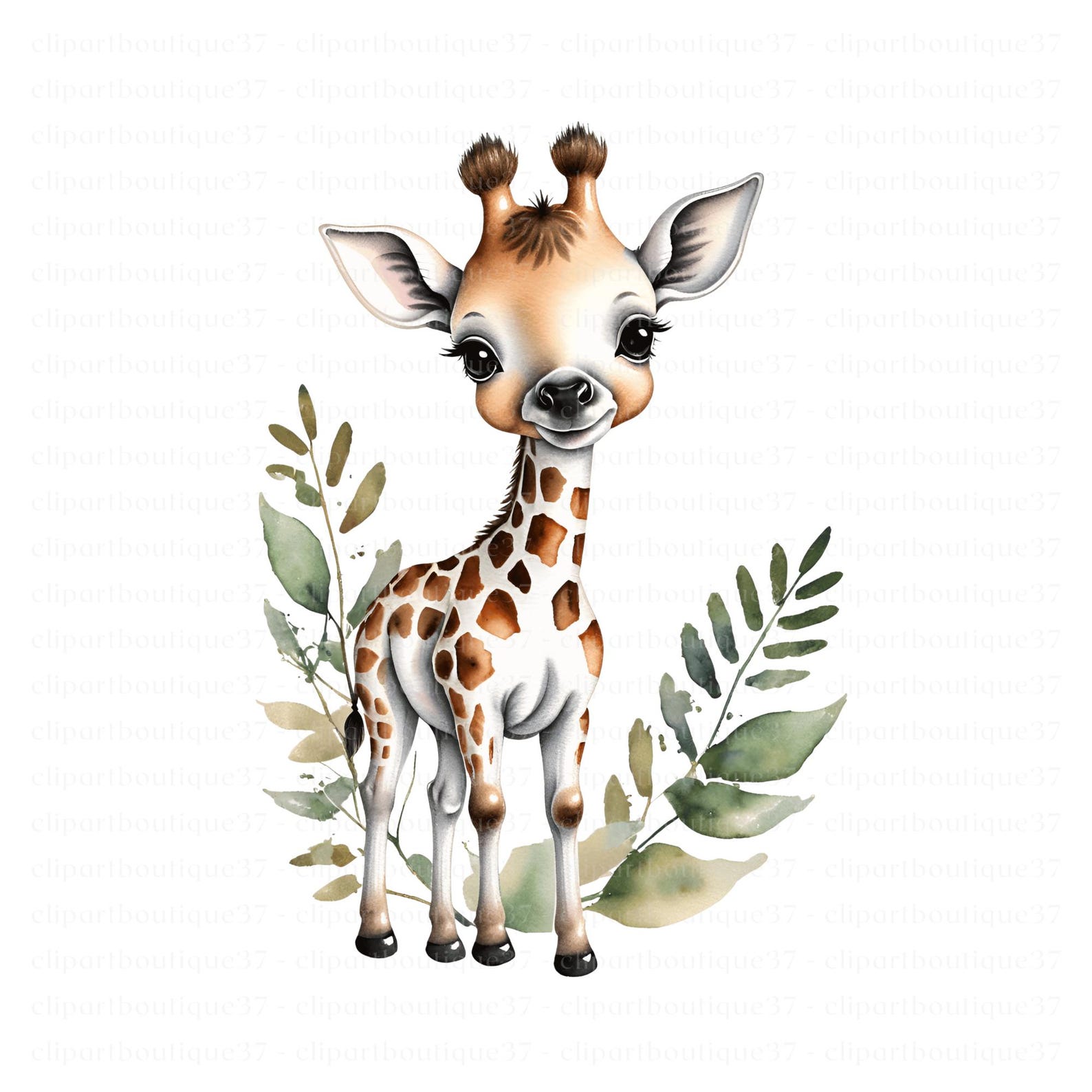 12 Cute Giraffe and Leaves Clipart, Baby Giraffe Illustrations, Digital ...