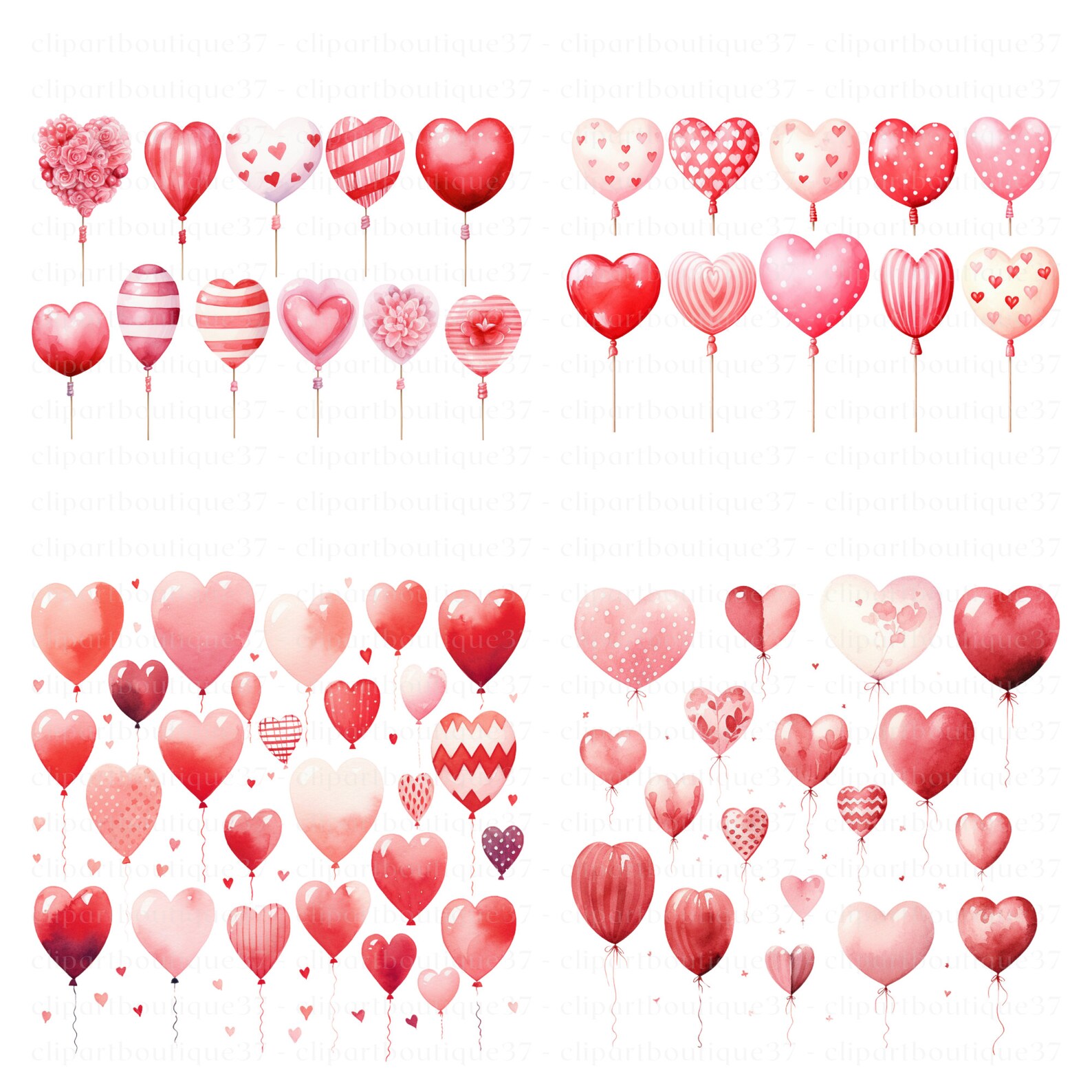 16 Heart Balloons Clipart, Love Balloons Clipart, Printable Watercolor ...