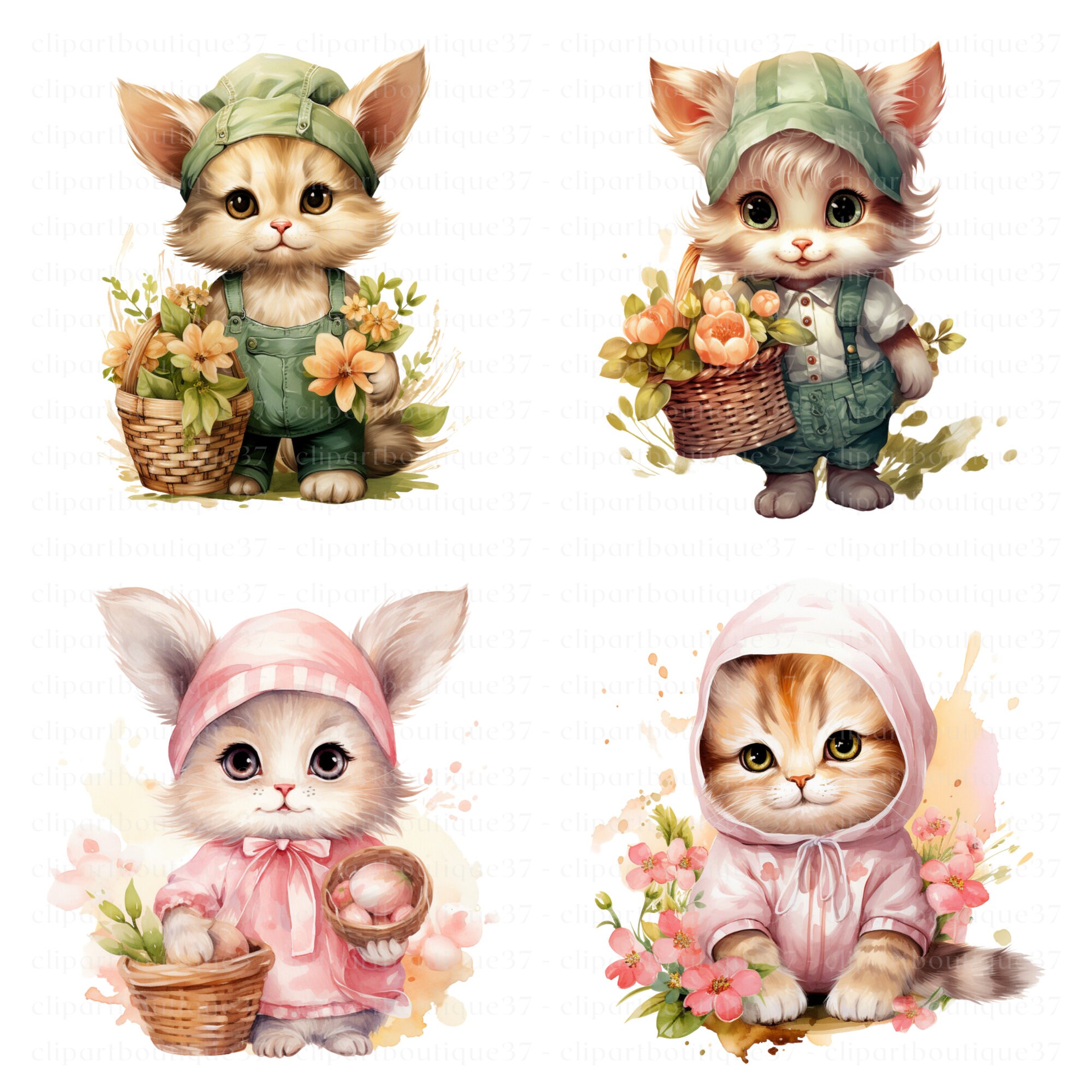 12 Cats With Flowers Clipart, Cat Painting Clipart, Cat Images, Kitten ...