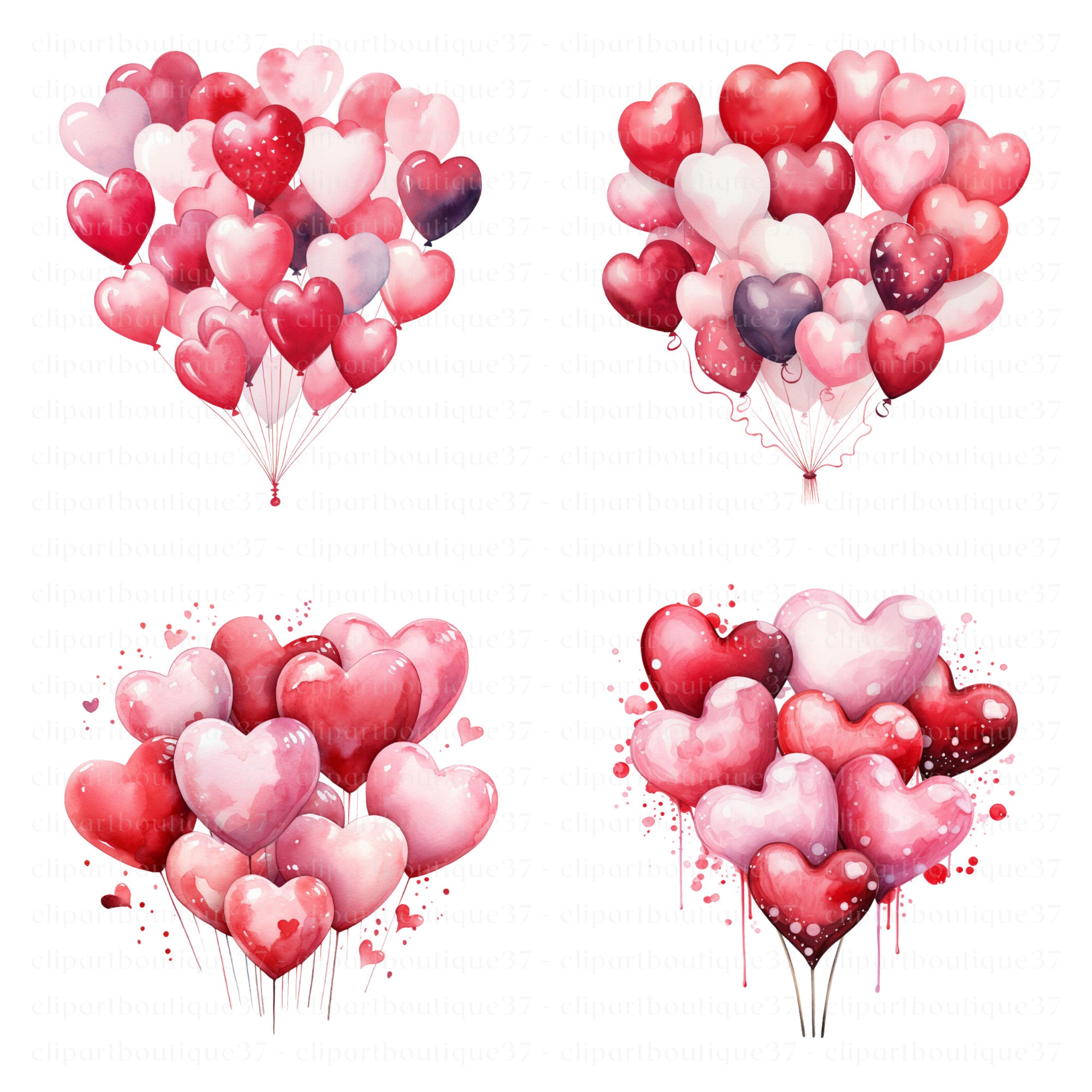 16 Heart Balloons Clipart, Love Balloons Clipart, Printable Watercolor ...
