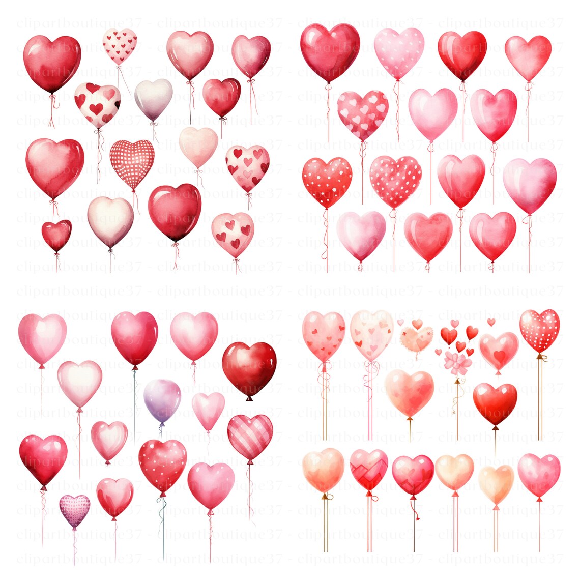 16 Heart Balloons Clipart, Love Balloons Clipart, Printable Watercolor ...