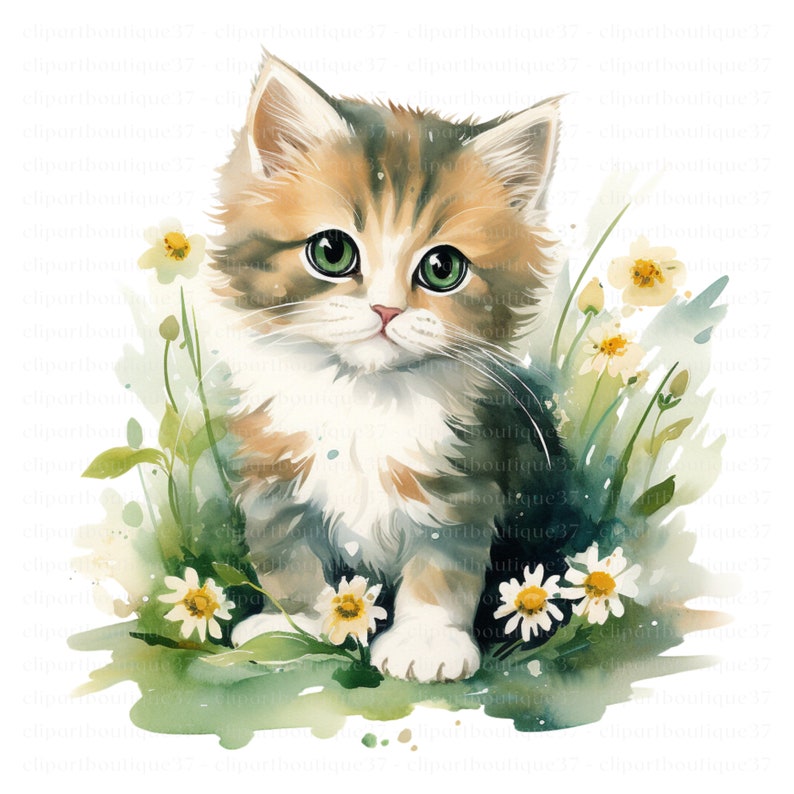12 Cats With Flowers Clipart, Cat Painting Clipart, Cat Images, Kitten ...