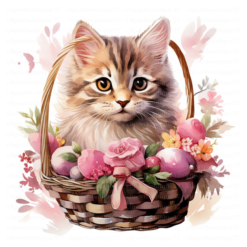 12 Cats With Flowers Clipart, Cat Painting Clipart, Cat Images, Kitten ...