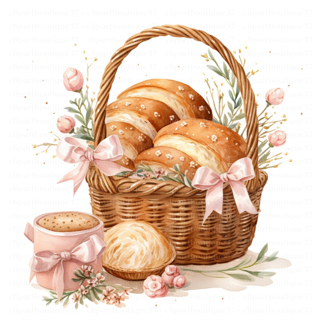 12 Bread Basket Clipart, Watercolor Picnic, Watercolor Bread, Food ...