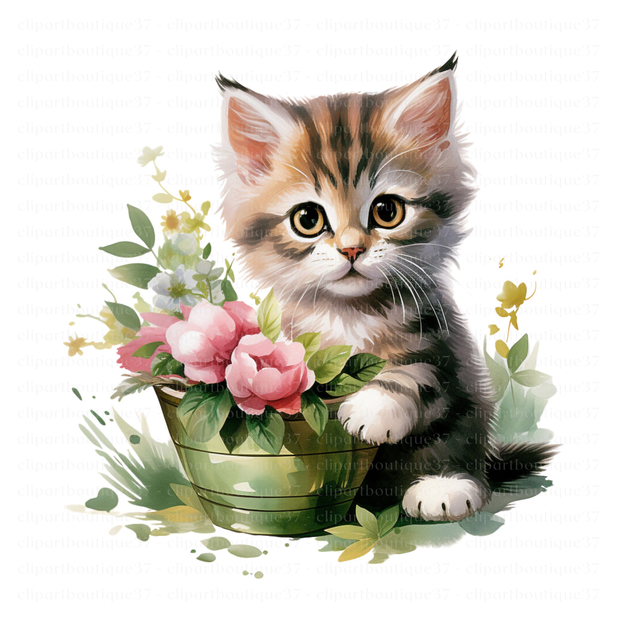 12 Cats With Flowers Clipart, Cat Painting Clipart, Cat Images, Kitten ...