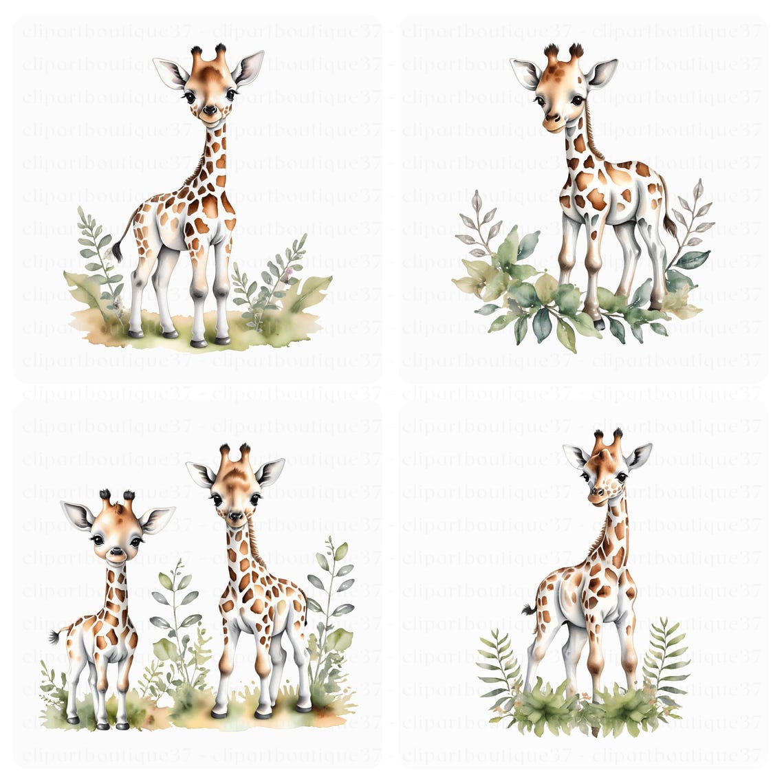 12 Cute Giraffe and Leaves Clipart, Baby Giraffe Illustrations, Digital ...