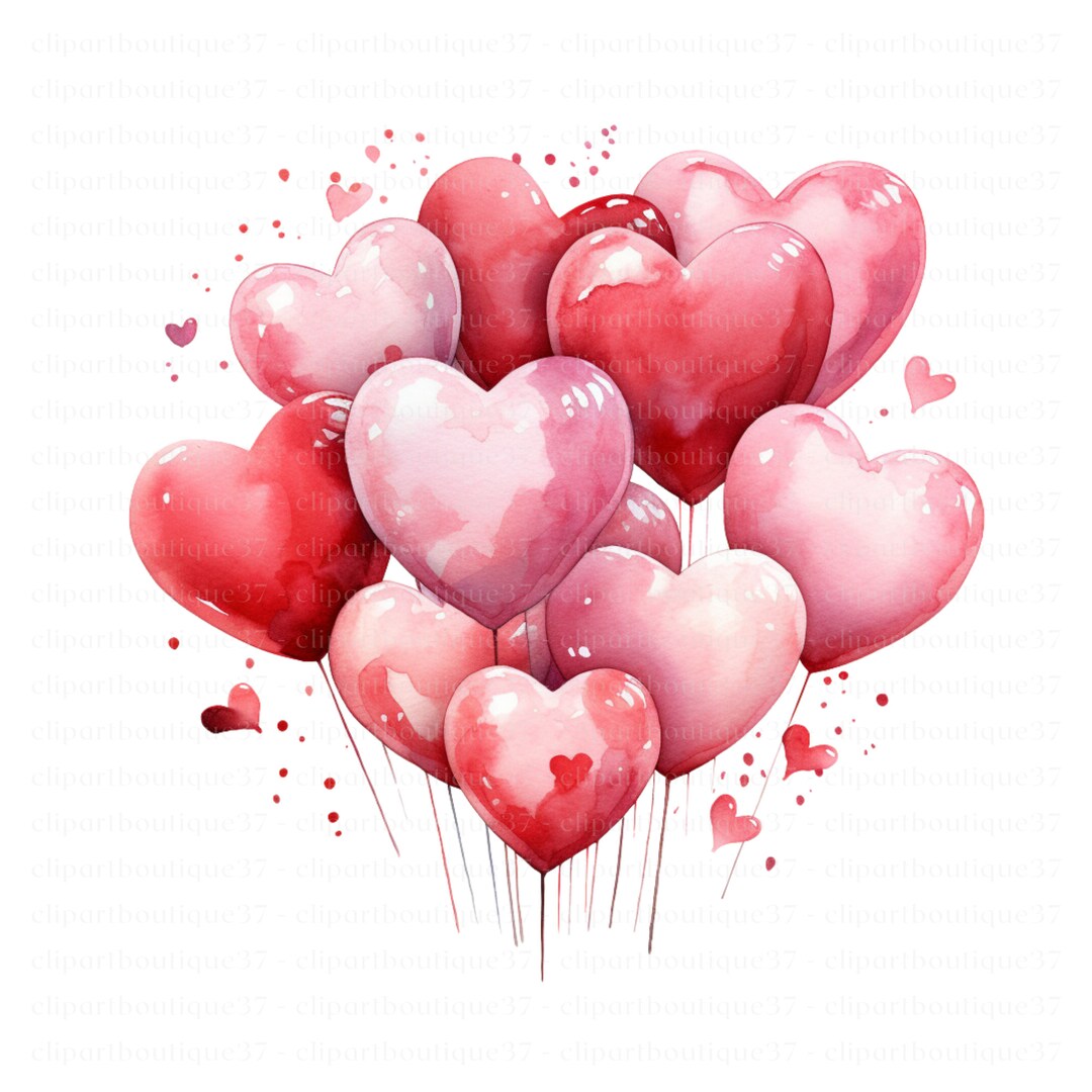 16 Heart Balloons Clipart, Love Balloons Clipart, Printable Watercolor ...