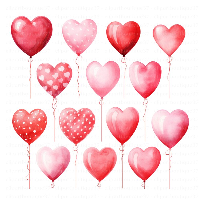 16 Heart Balloons Clipart, Love Balloons Clipart, Printable Watercolor ...
