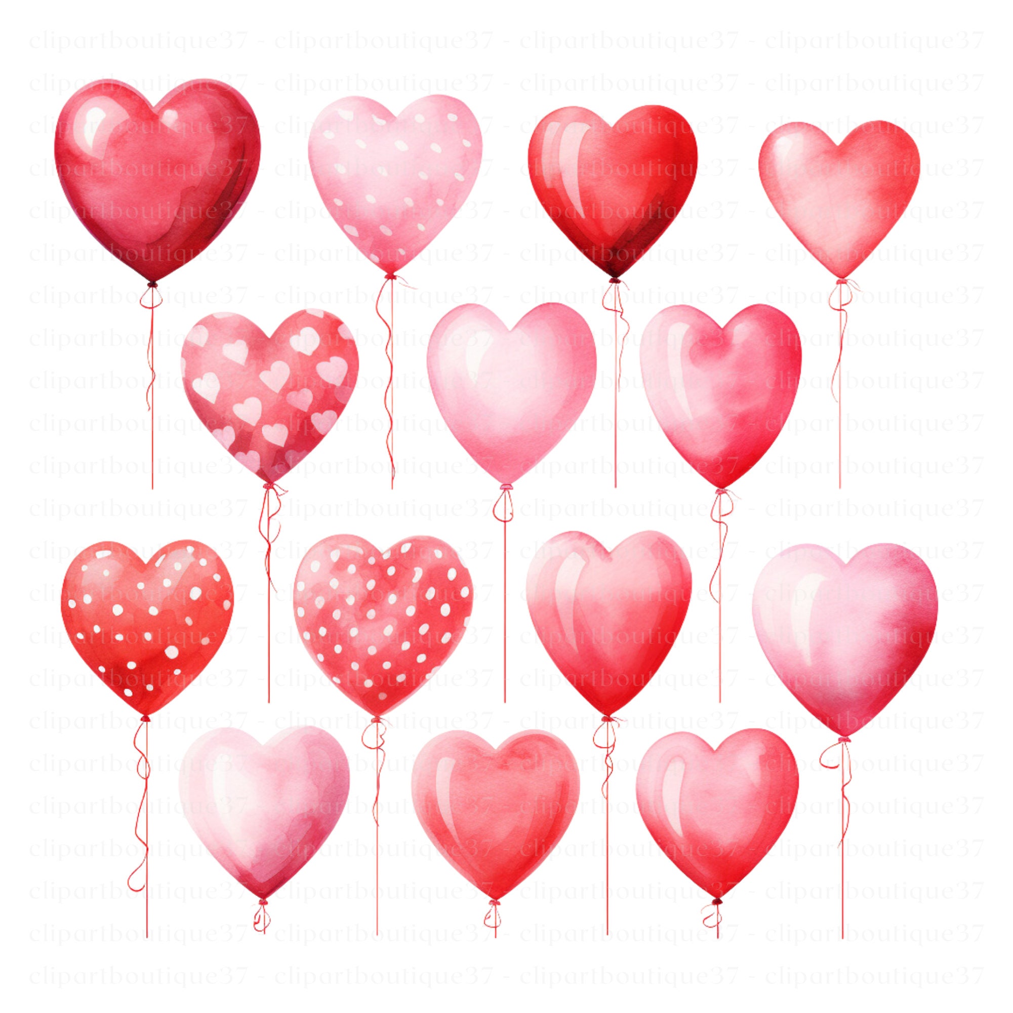 16 Heart Balloons Clipart, Love Balloons Clipart, Printable Watercolor ...