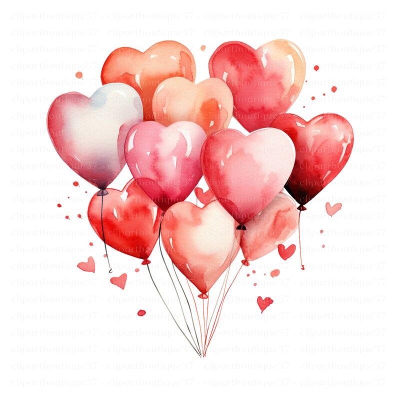 16 Heart Balloons Clipart, Love Balloons Clipart, Printable Watercolor ...
