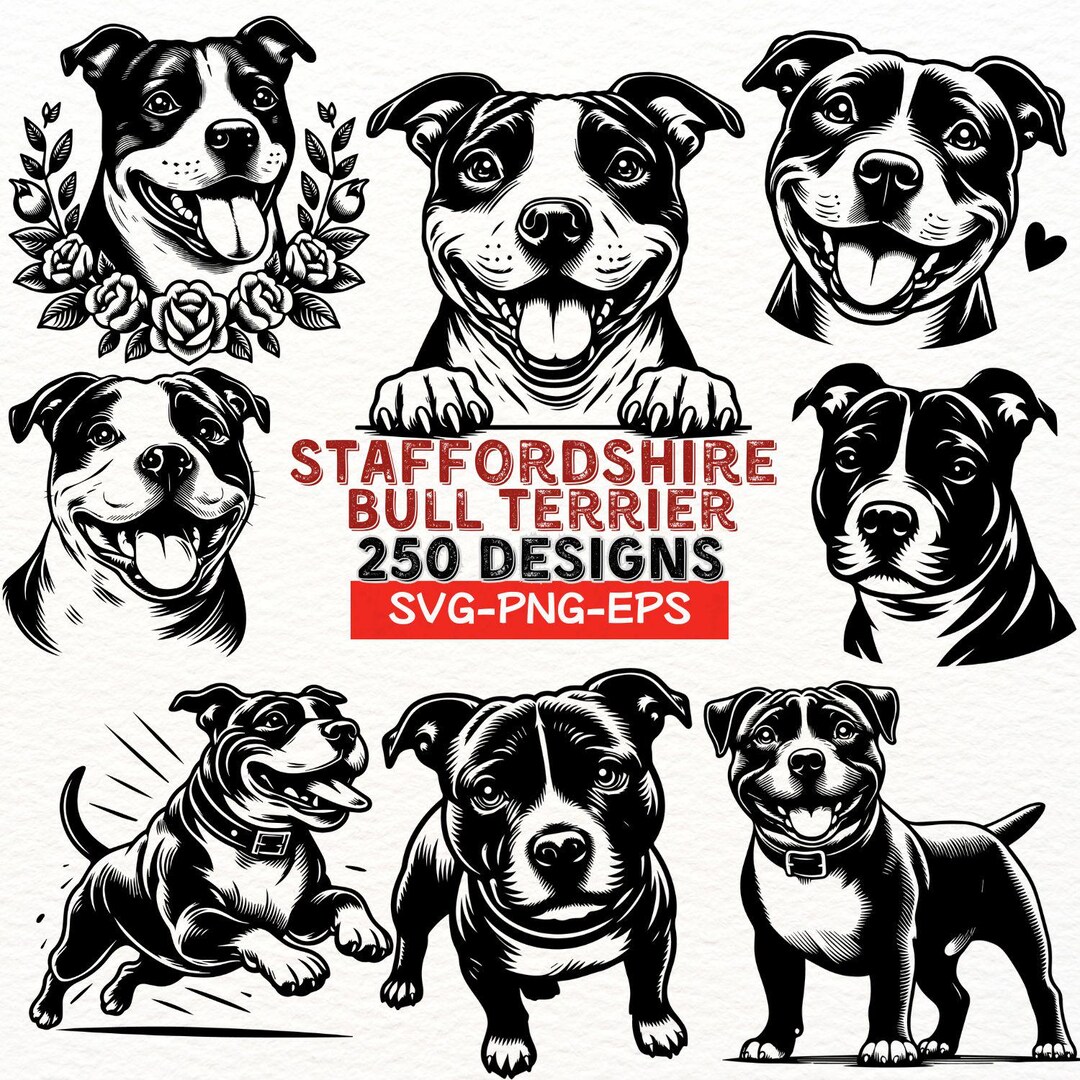 Staffordshire Bull Terrier Dog SVG Bundle, 250 Designs PNG EPS Clipart ...
