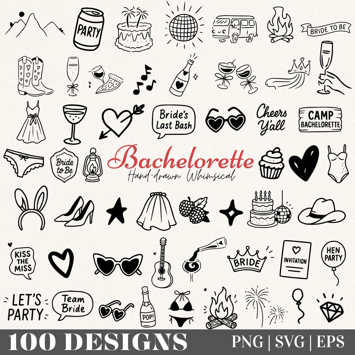 Bachelorette Clipart Bundle Hand Drawn Whimsical Party Icons PNG SVG ...