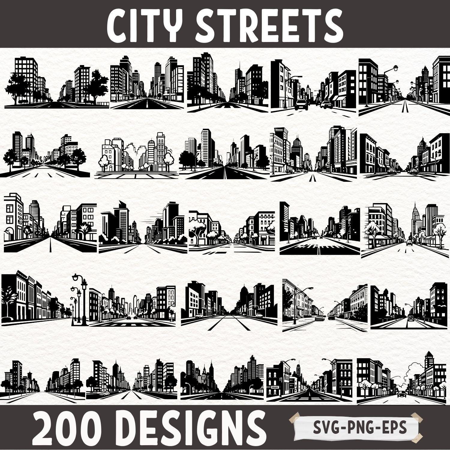City Street Silhouette SVG Bundle, Urban Street Skyline PNG, Downtown ...