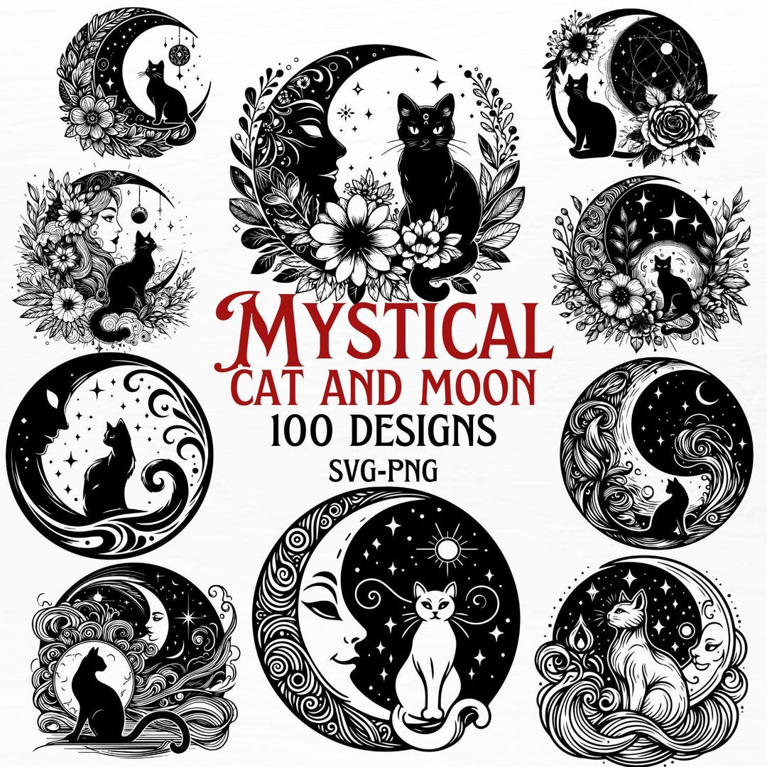 Mystical Cat and Moon SVG Designs Bundle | Witchy Cat Clipart | Moon ...