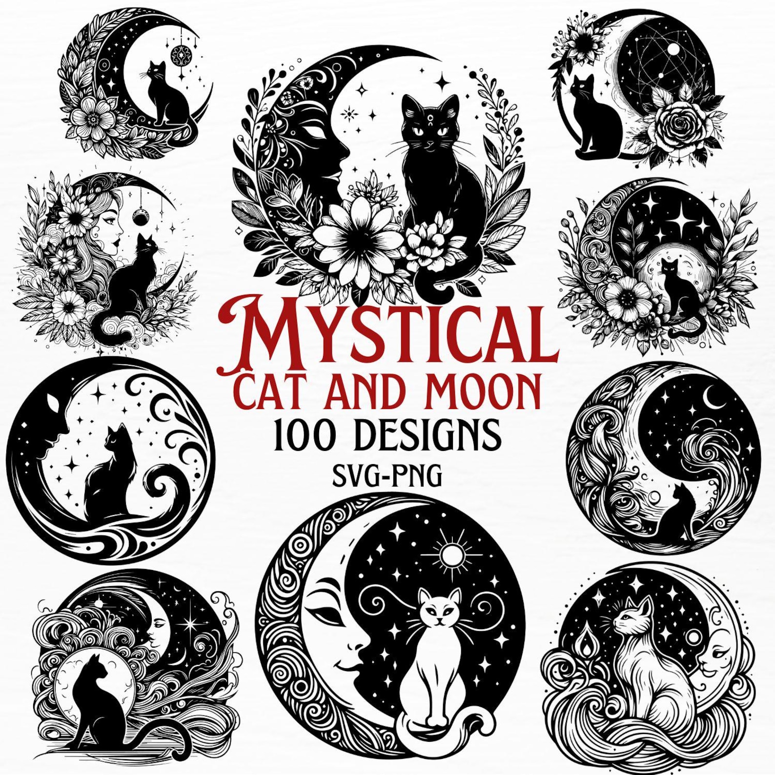 Mystical Cat and Moon SVG Designs Bundle | Witchy Cat Clipart | Moon ...