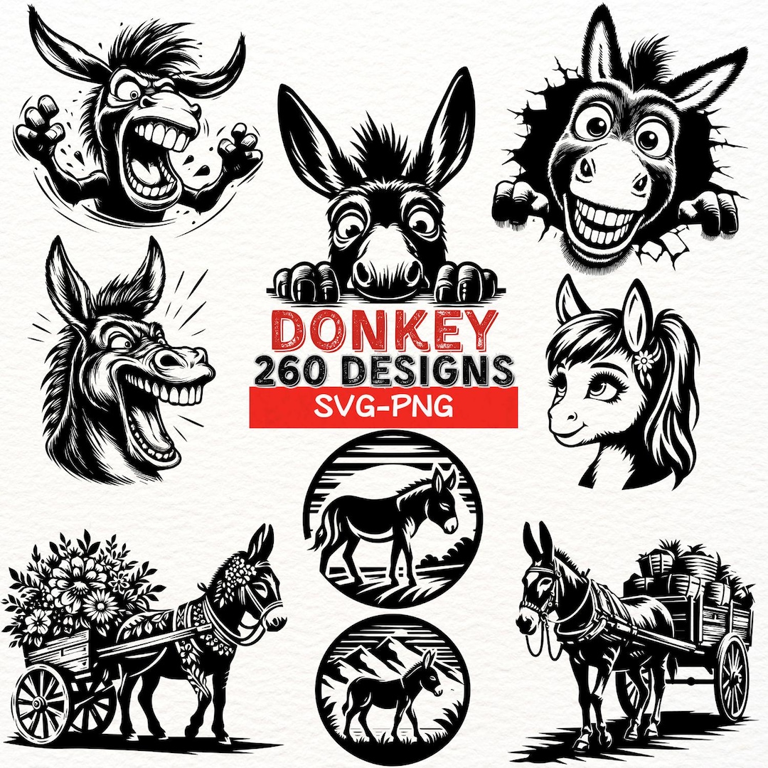 Paquete SVG de burro, 260 diseños SVG PNG de burro, imágenes ...