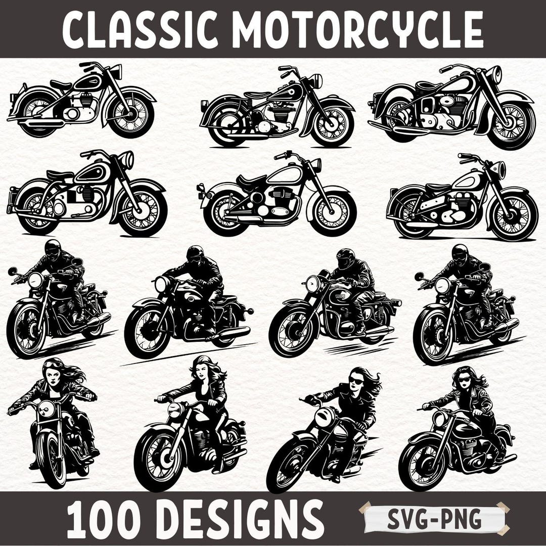 Classic Motorcycle SVG Bundle, Retro Motorbike Clipart, Vintage Biker ...