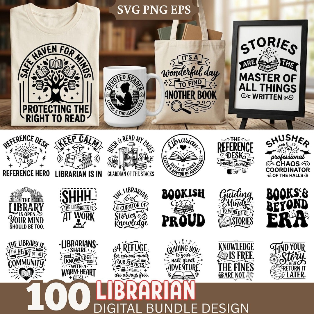 Librarian Digital Bundle Design SVG PNG EPS for Library Lovers, Bookish ...