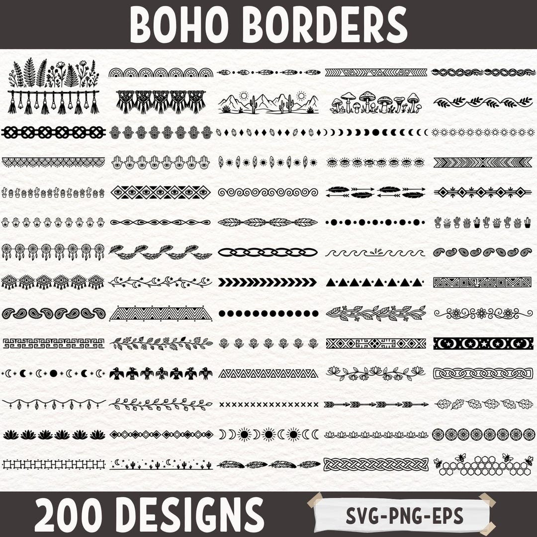 Boho Borders Bundle SVG PNG EPS, 200 Decorative Dividers Set, Tribal ...
