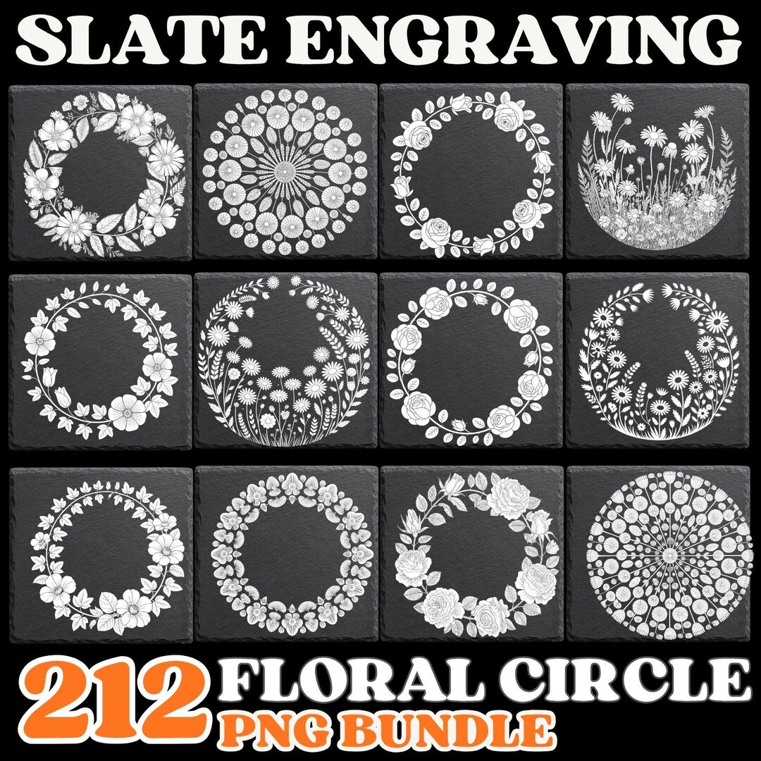 Slate Engraving Floral Circle PNG Bundle, 212 Intricate Botanical Frame ...