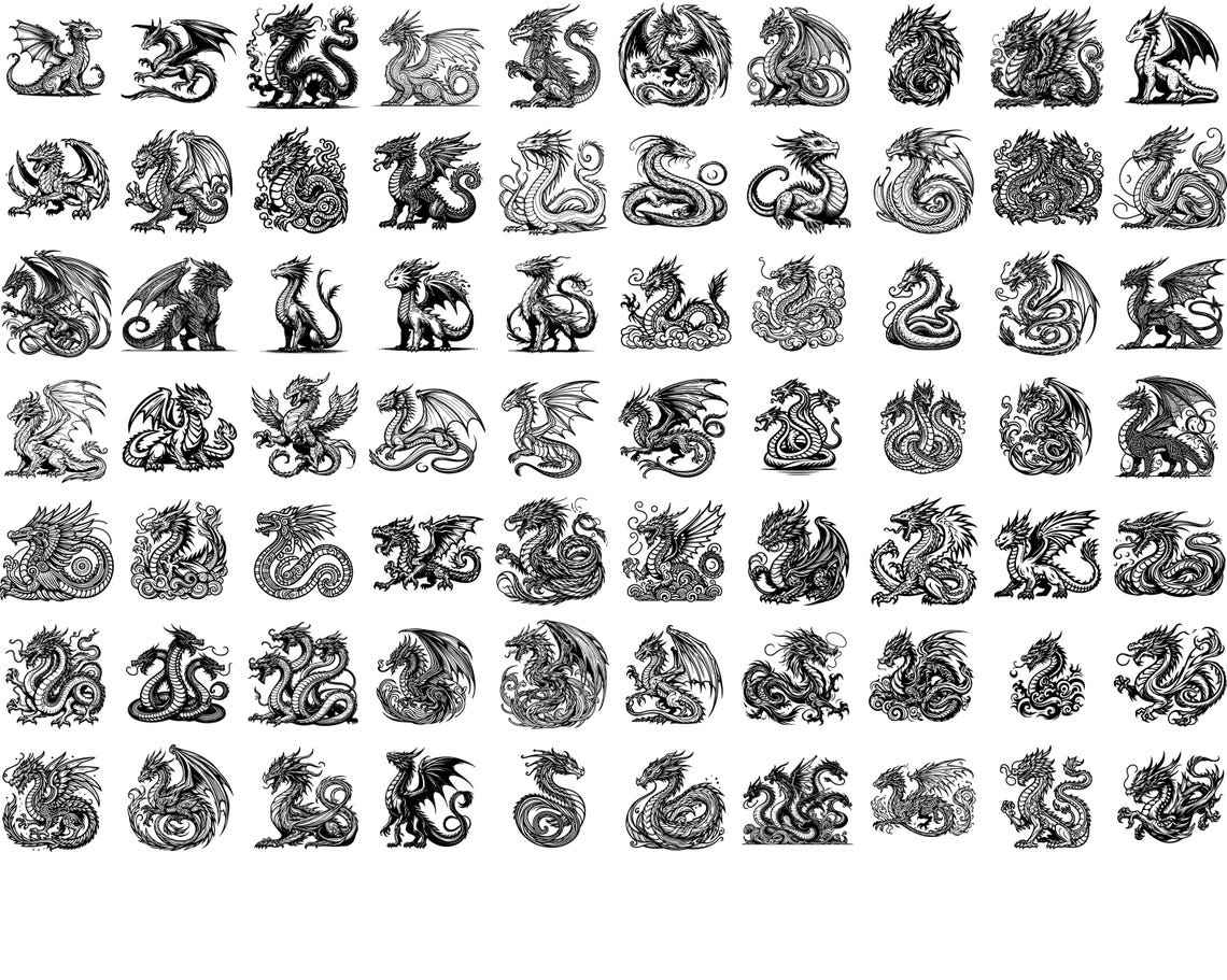 Dragon SVG PNG Bundle, Intricate Dragon Clipart, Mythical Beast Digital ...