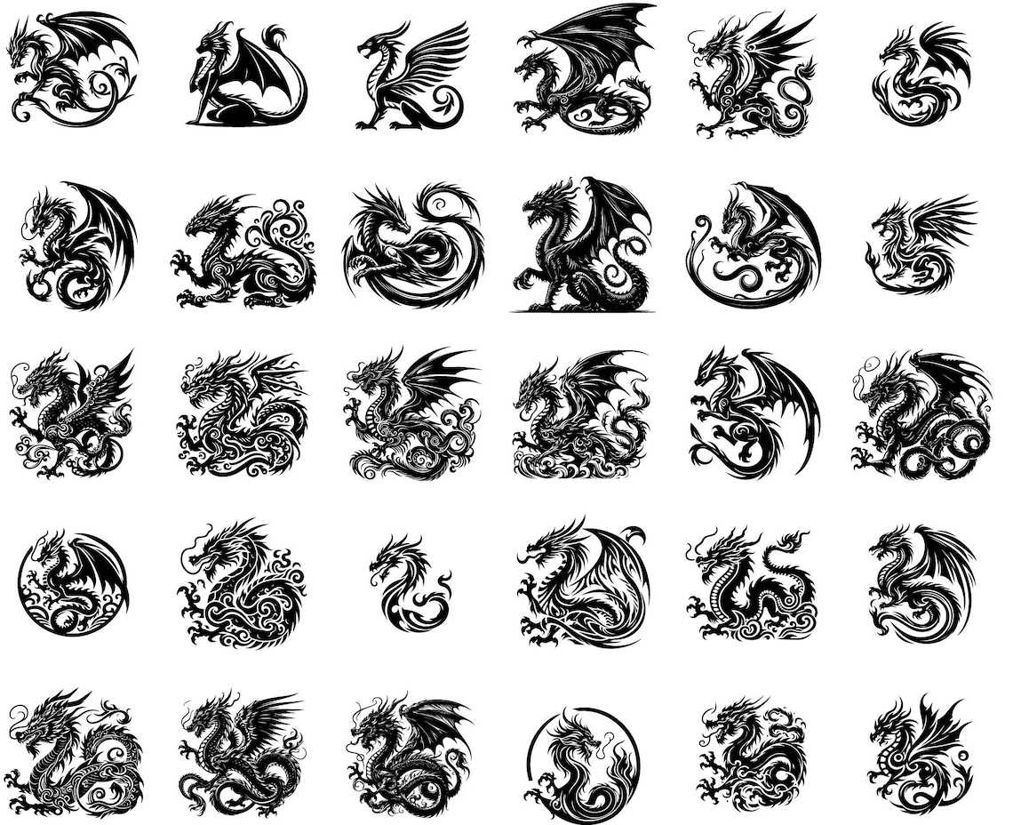 Dragon SVG PNG Bundle, Intricate Dragon Clipart, Mythical Beast Digital ...