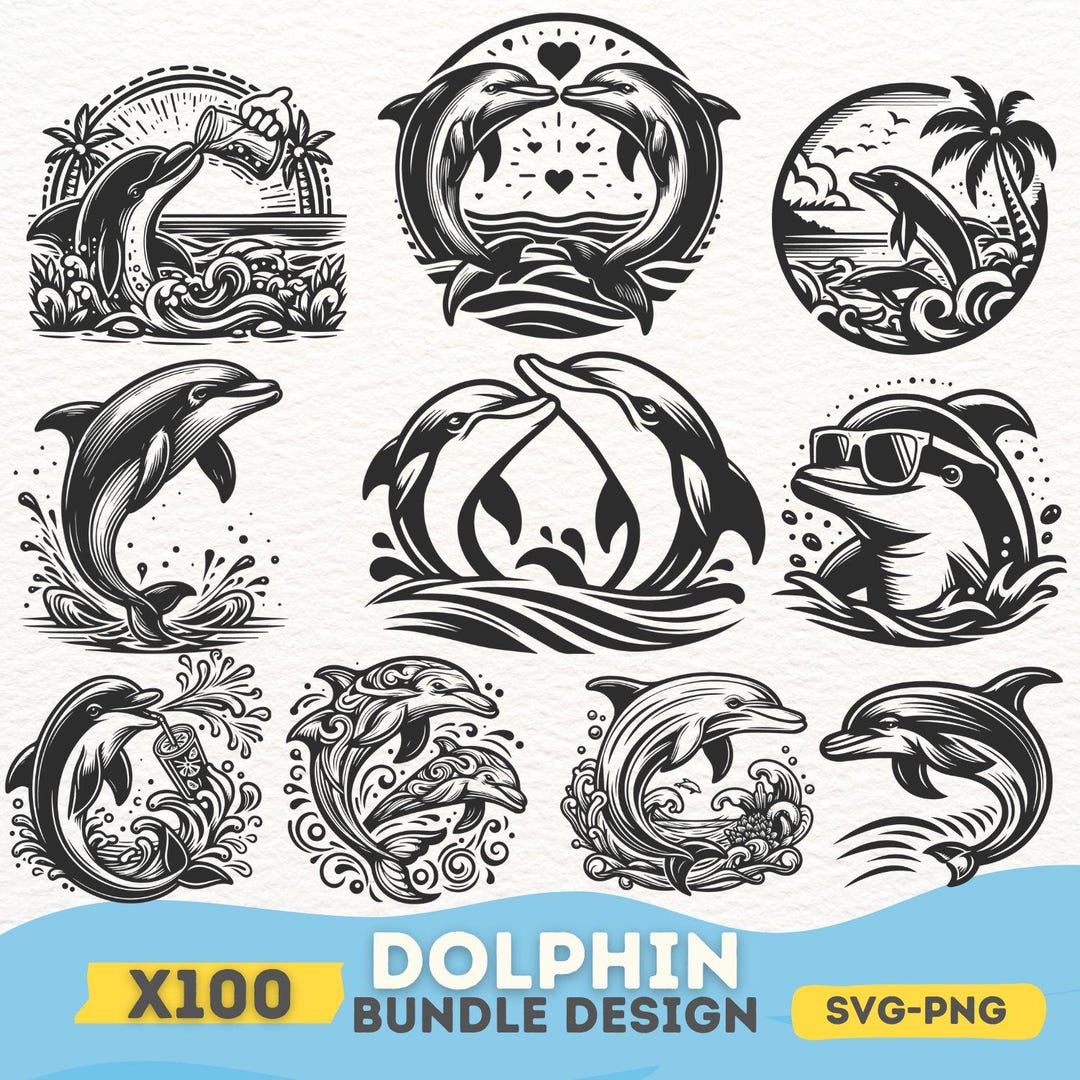 Dolphin SVG Bundle, 100 Dolphin Clipart Designs, Beach Dolphin ...