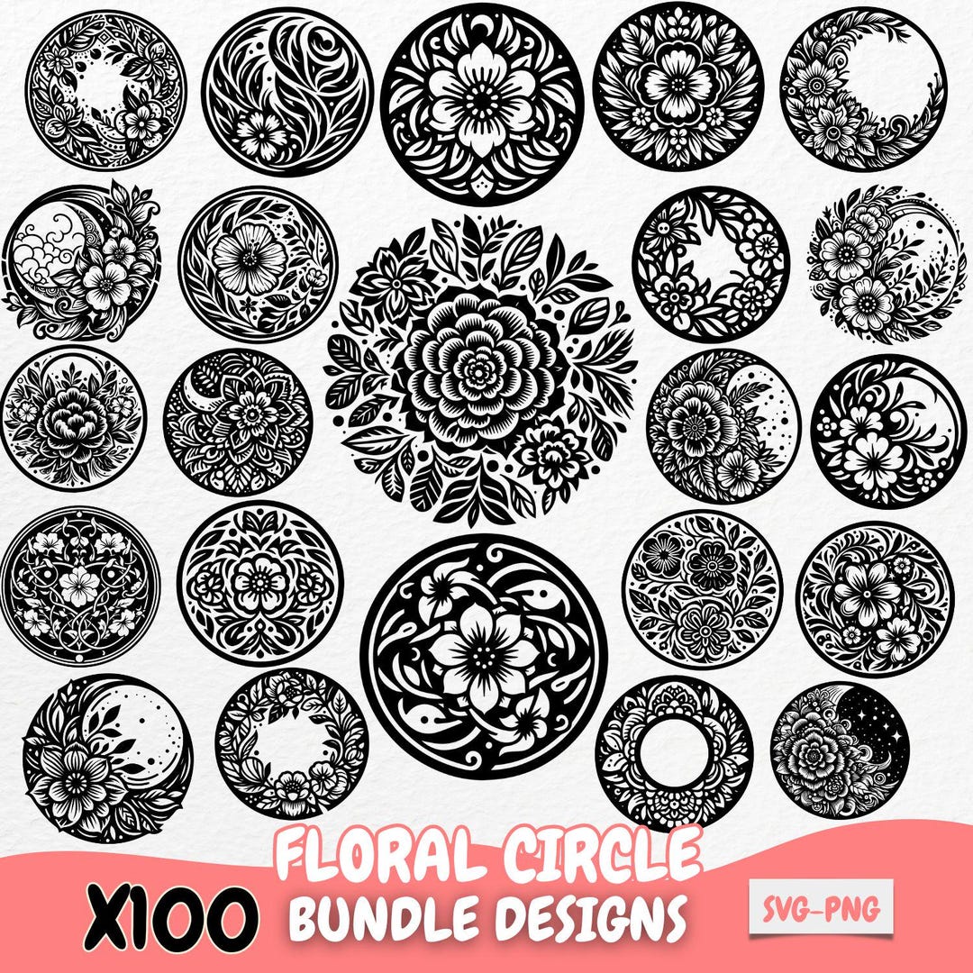 Floral Circle Bundle SVG PNG, Round Floral Designs for Cricut and ...