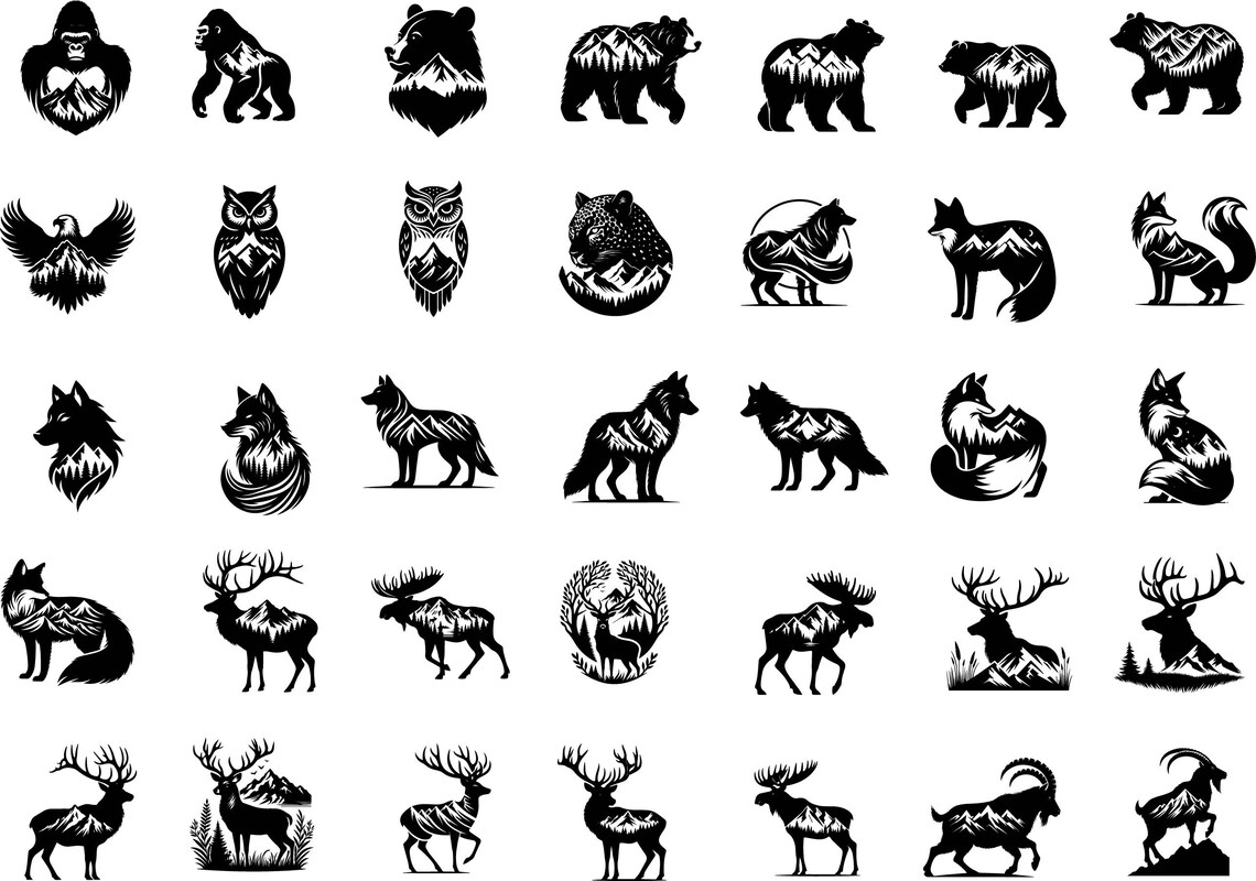 Mountain Animal SVG Bundle - Wildlife Silhouettes, Bear, Wolf, Eagle ...
