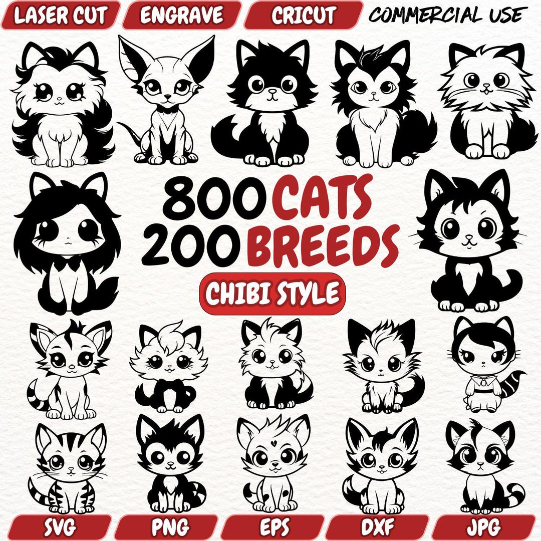Cute Chibi Cat SVG Files – 200 Breeds – Laser Cut, Cricut, Engraving ...