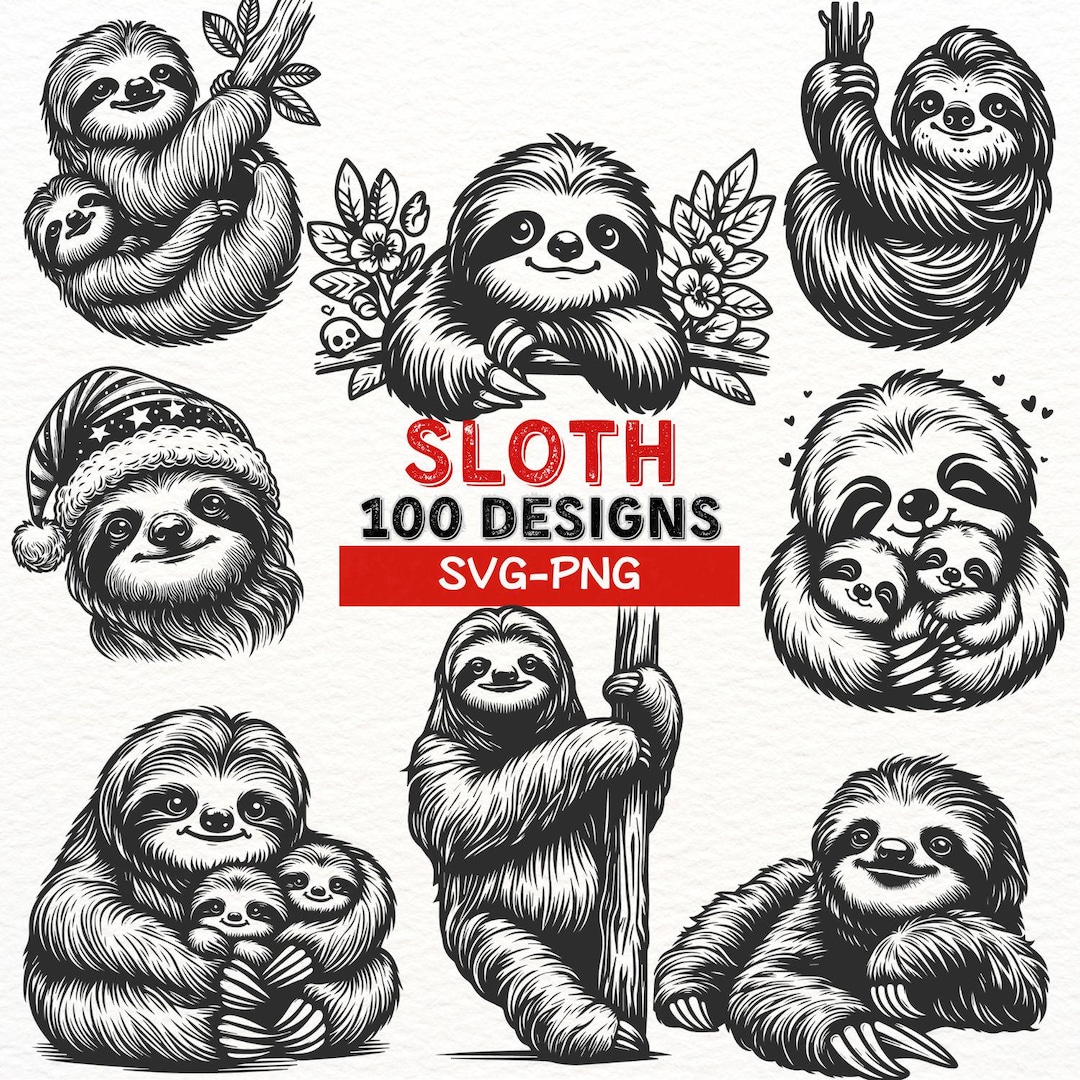 Sloth SVG Designs Bundle | Adorable Sloth Clipart | Lazy Sloth Digital ...