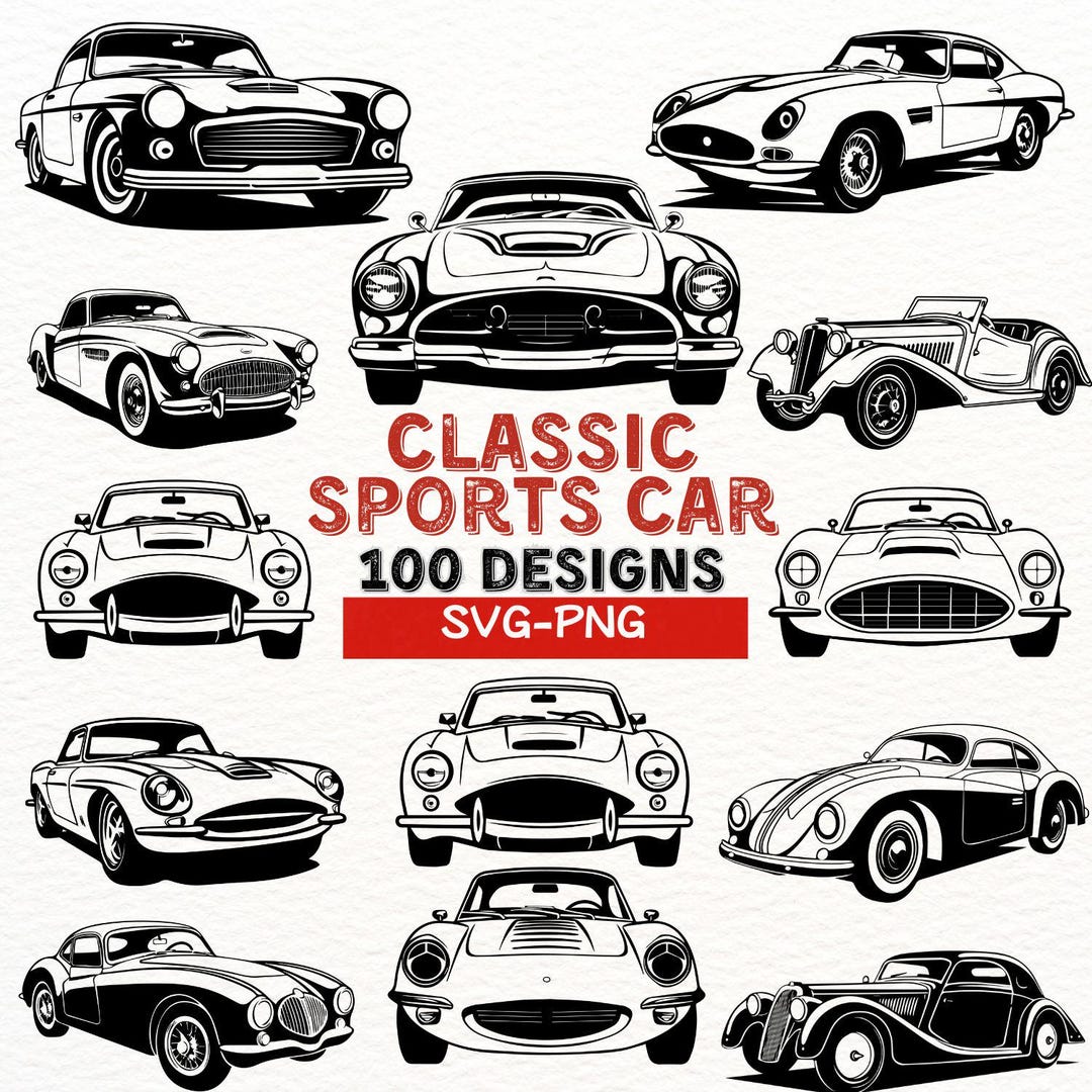 Classic Sports Car SVG Bundle, 100 Vintage Car Cut Files, Retro Car PNG ...
