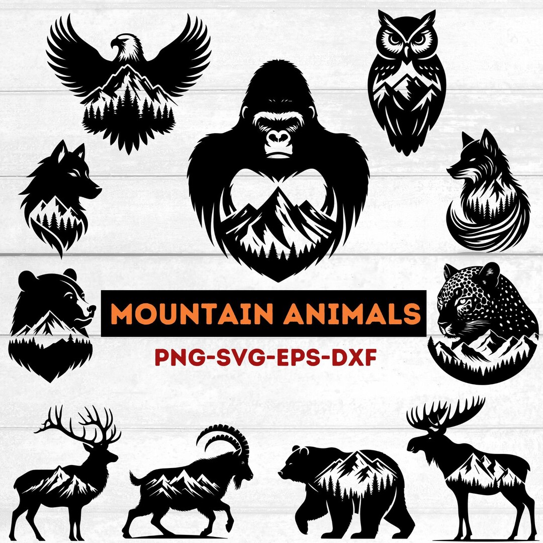 Mountain Animal SVG Bundle - Wildlife Silhouettes, Bear, Wolf, Eagle ...