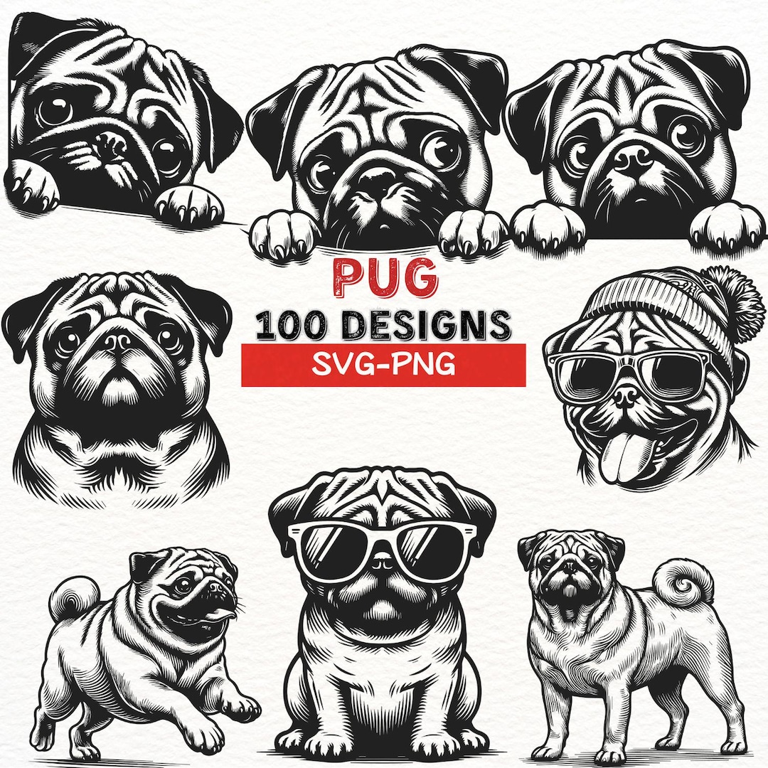 Pug Dog SVG Bundle, 100 Pug Designs, Cute Pug Clipart, Pug PNG Files ...