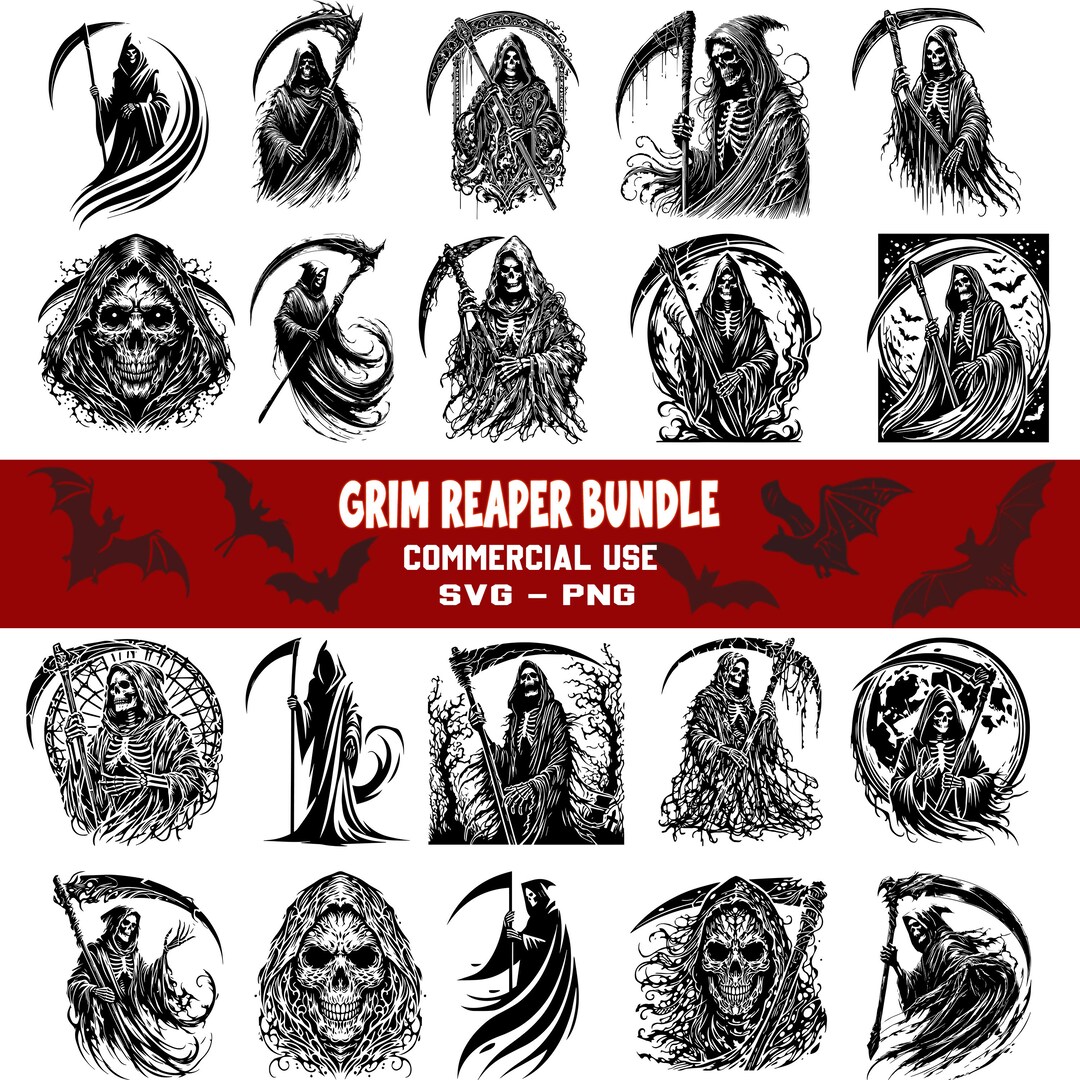 Grim Reaper SVG PNG Bundle for Commercial Use, Halloween Skull Scythe ...