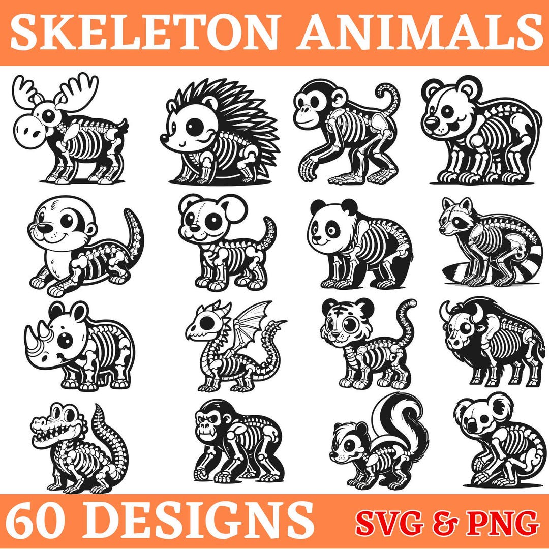 Skeleton Animal Clipart Bundle, Cute Halloween Animal PNG SVG, Digital ...