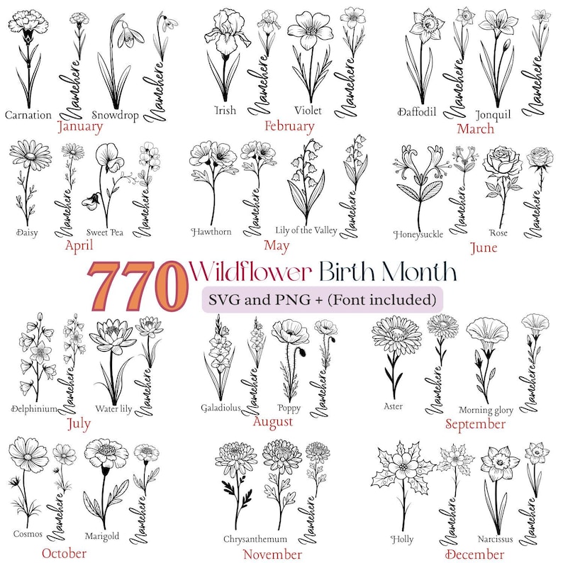 Wildflower Birth Month SVG Bundle, Botanical Flower Clipart, Birth ...