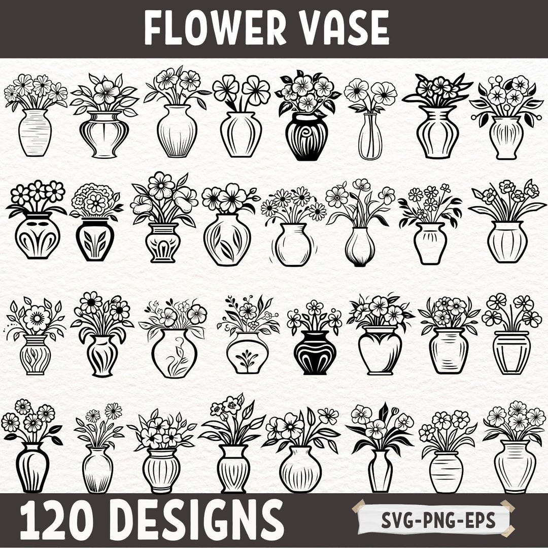 Flower Vase SVG Bundle, Floral Vase Clipart, Flower Pot Outline PNG ...