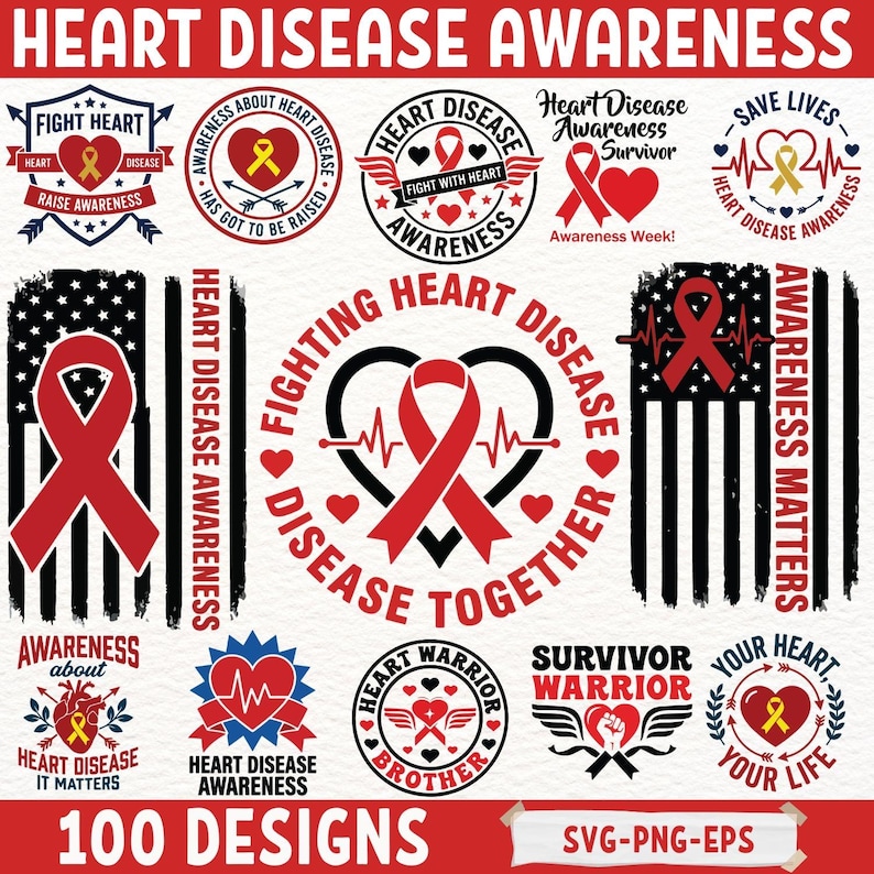 Heart Disease Awareness SVG Bundle With Red Ribbon, Heart Warrior ...