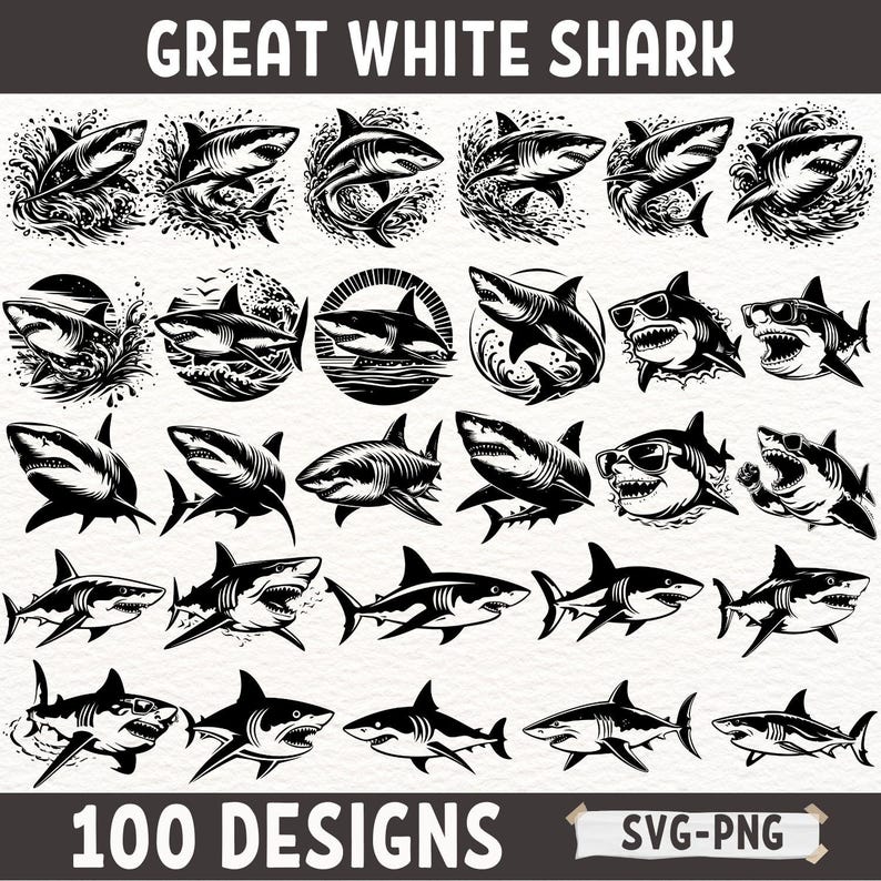 Great White Shark SVG Bundle, 100 Shark PNG Clipart, Shark Tattoo ...