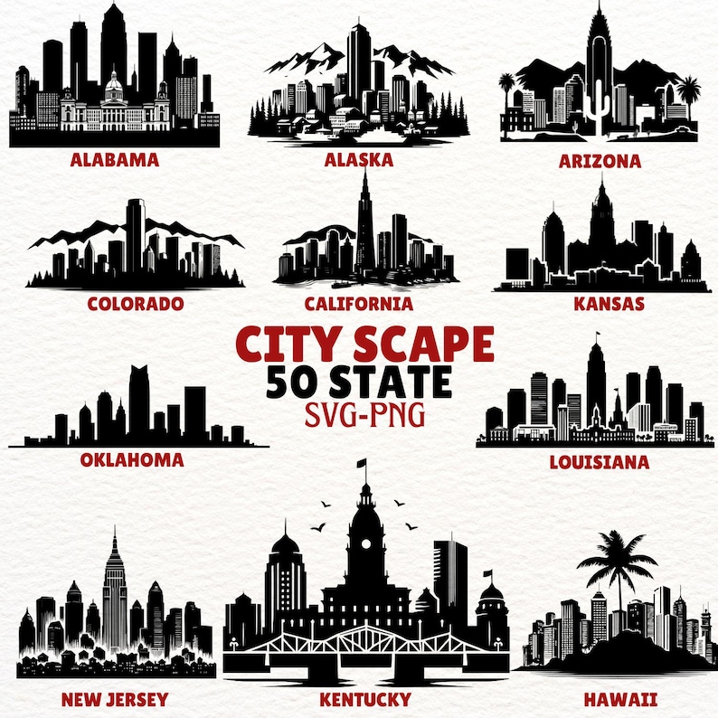 US States Cityscape Skyline SVG Bundle | USA City Skyline Cut File ...