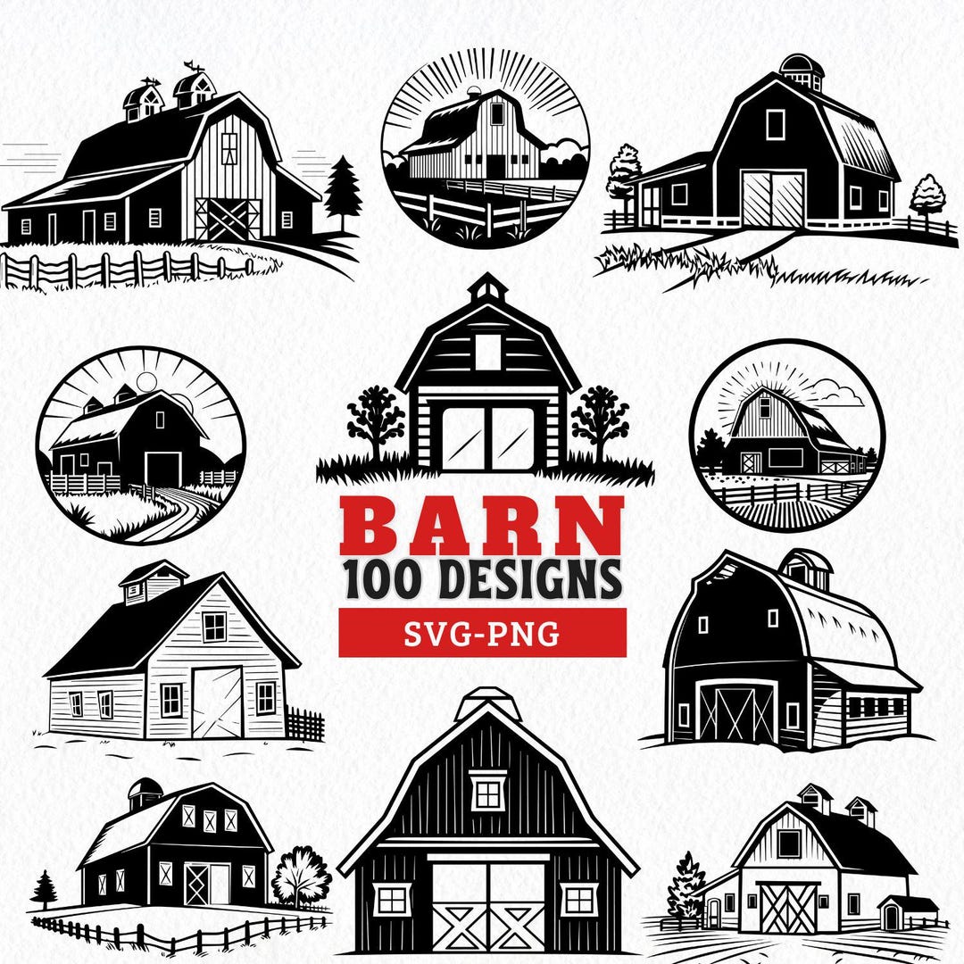 Barn SVG Designs, Farmhouse Barn Clipart, Rustic Farm Barn Silhouettes ...